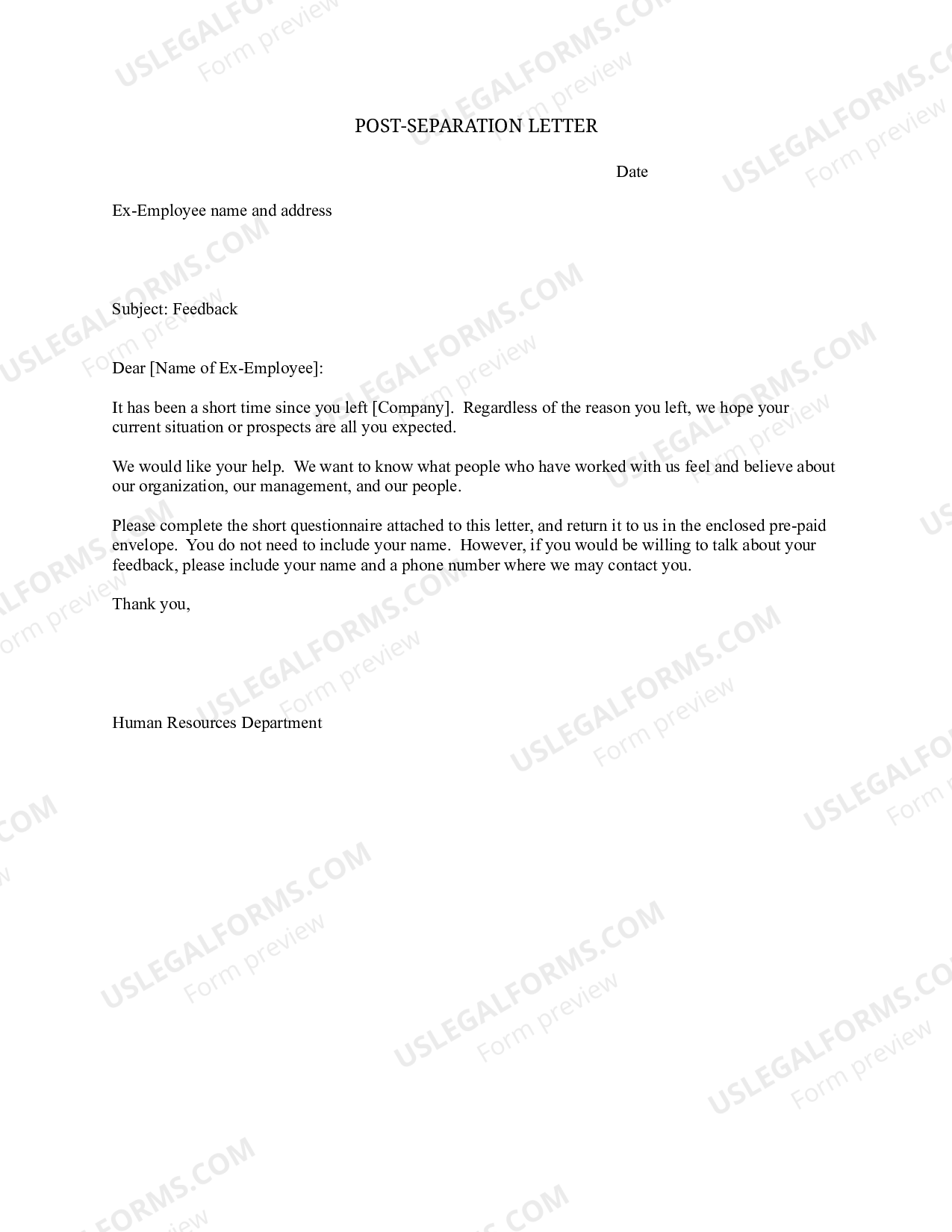 Tennessee Post-Separation Letter conveying Questionnaire - Post ...