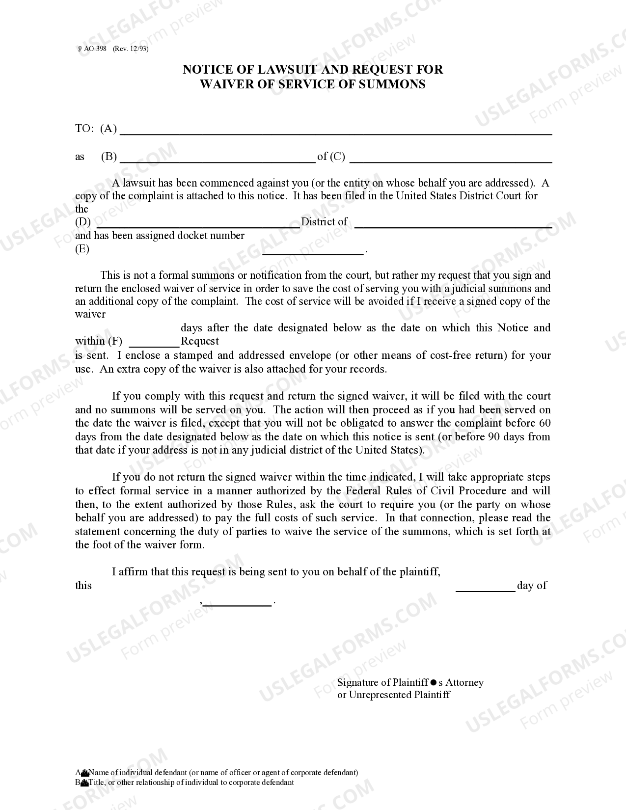 AO-398 Notice of Lawsuit - Request for Waiver - Ao 398 | US Legal Forms