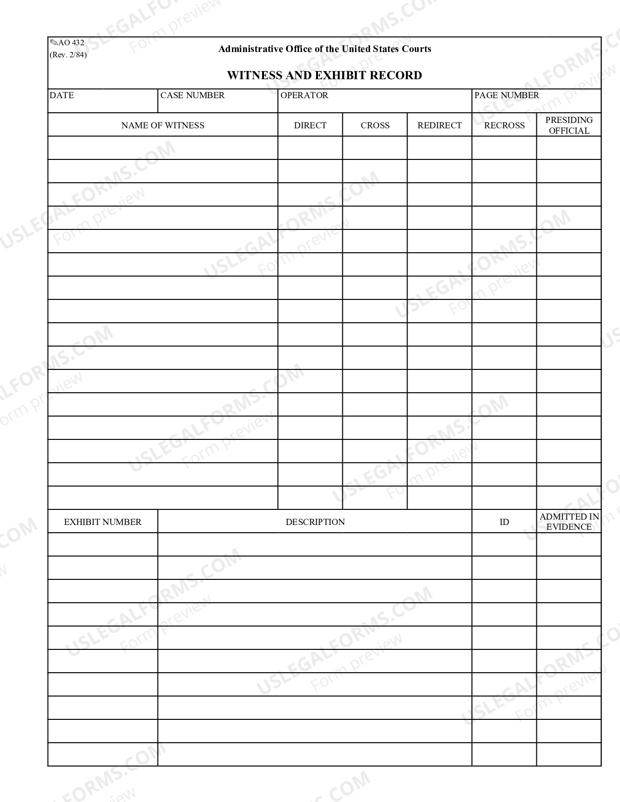 Witness and Exhibit Record | US Legal Forms