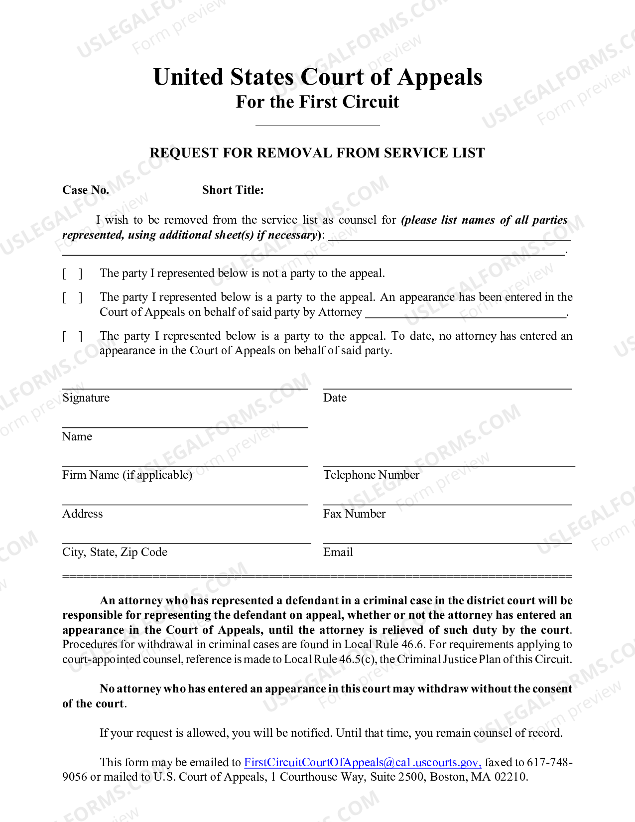 Request for Removal from Service List | US Legal Forms