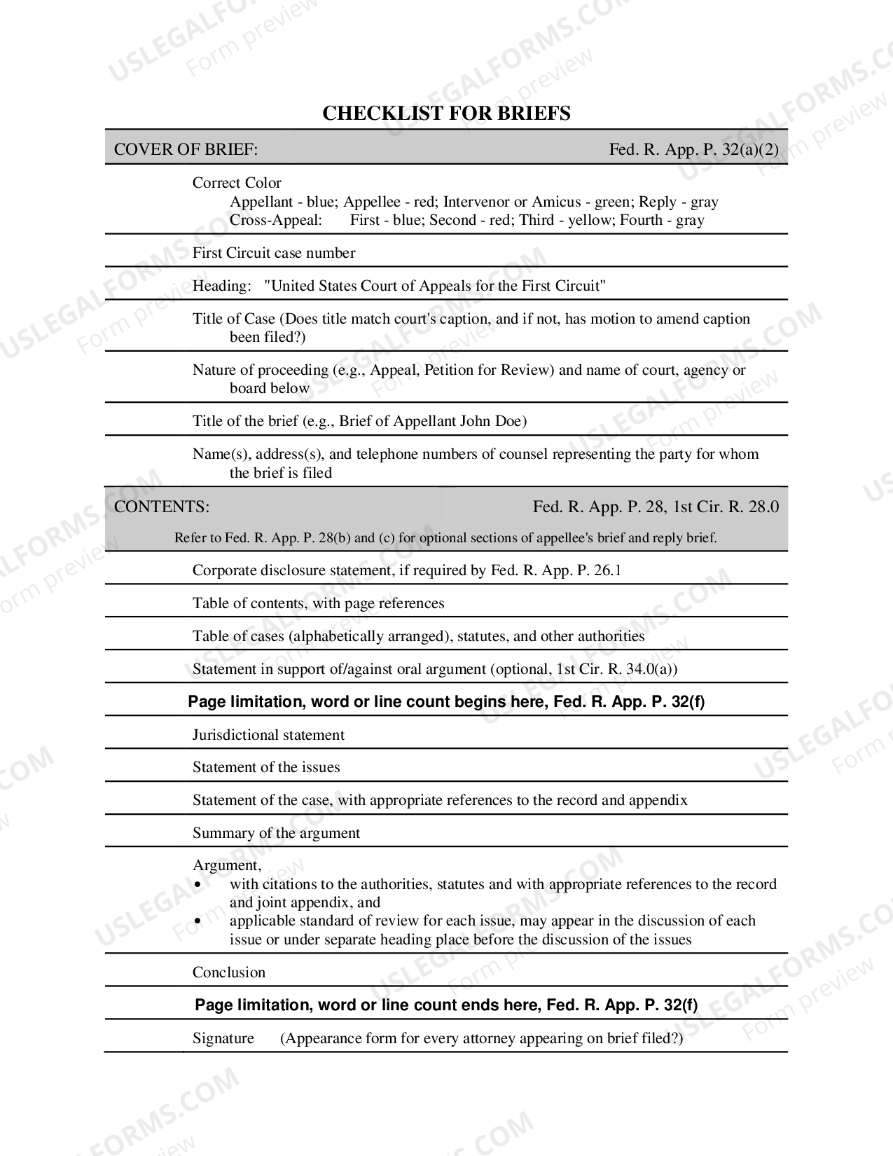 Checklist for Briefs | US Legal Forms