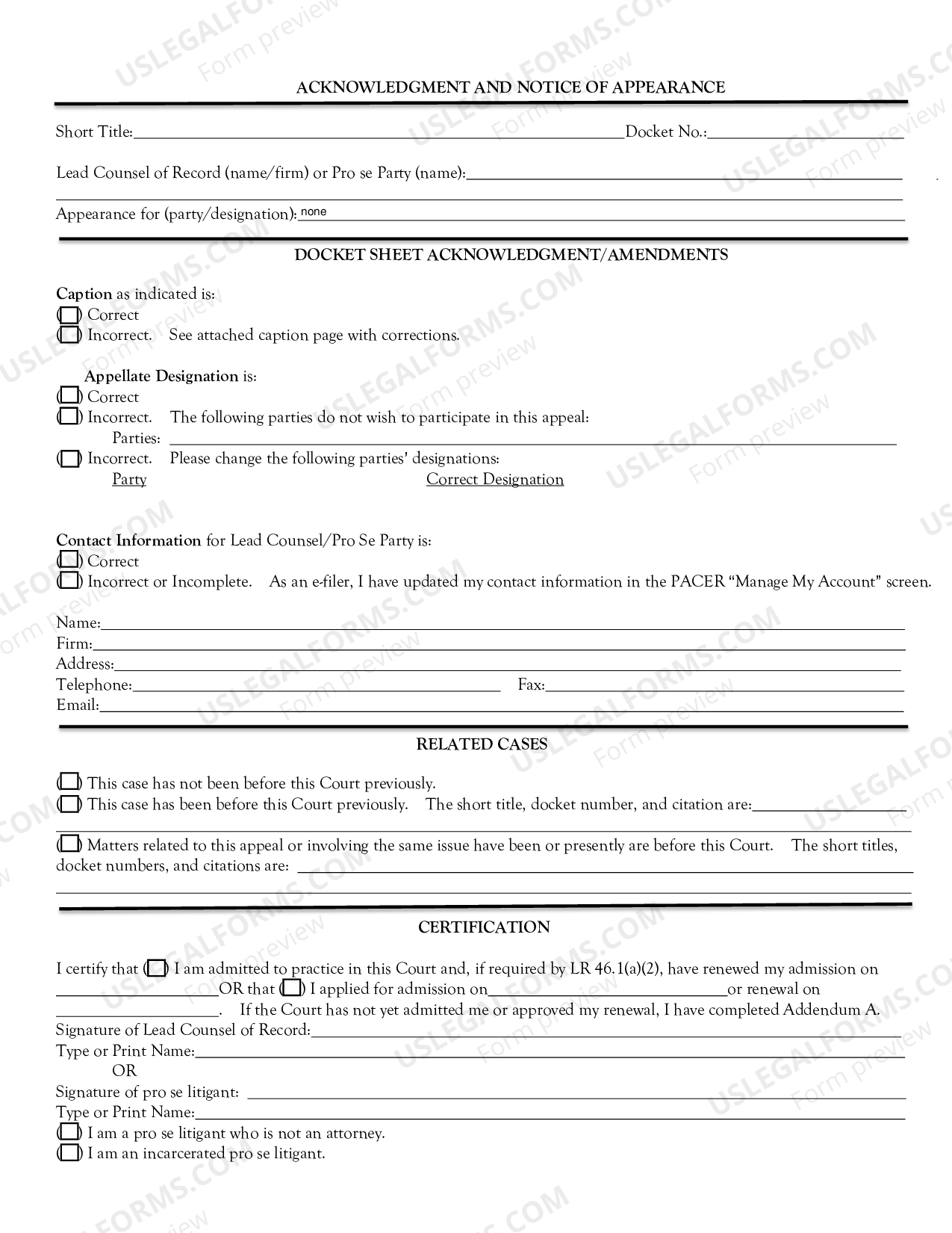 Aknowledgment and Notice of Appearance | US Legal Forms