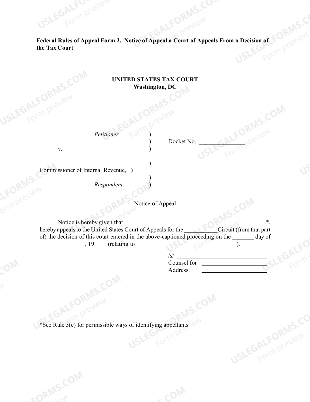 Form 2 Notice of appeal from Tax Court | US Legal Forms