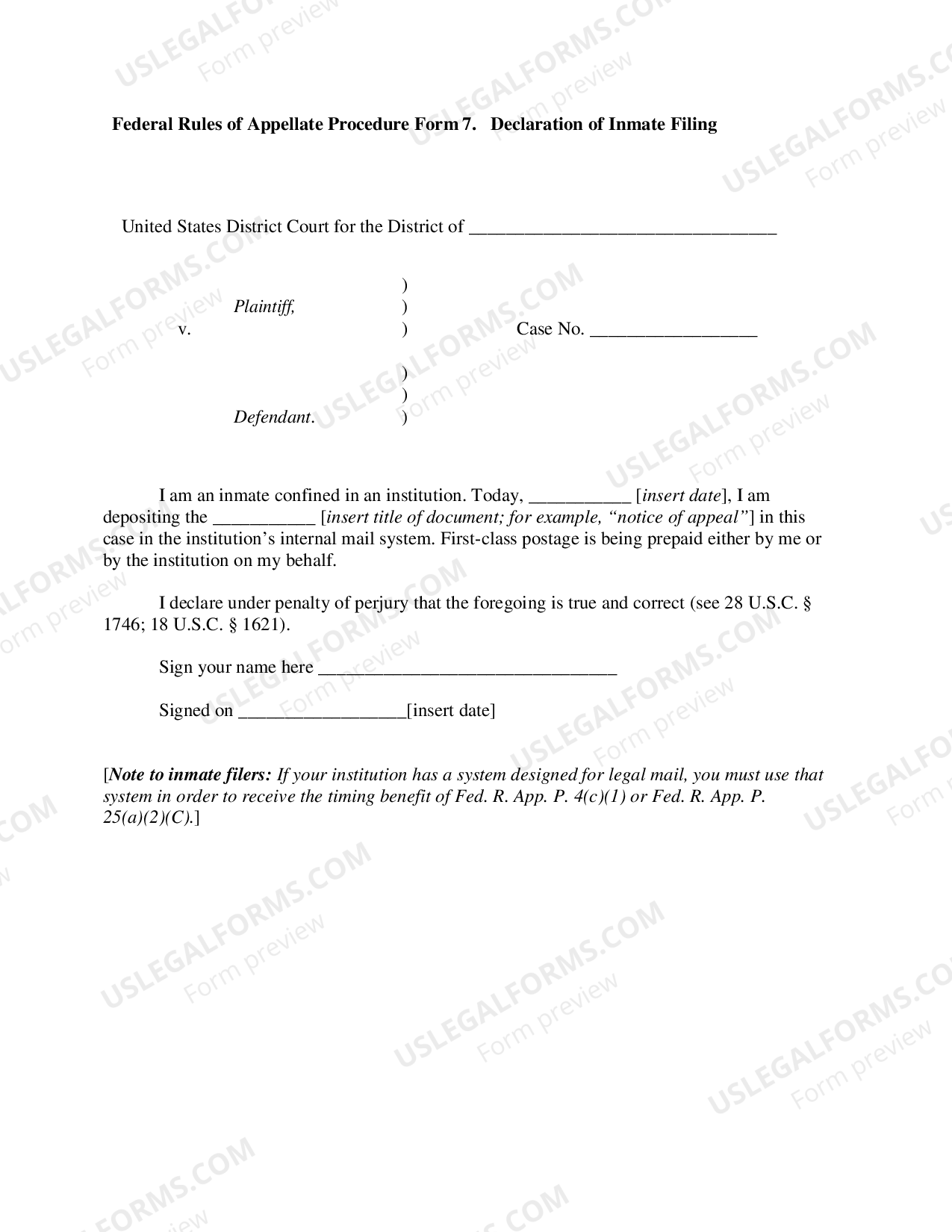 Form 7 Declaration of Inmate Filing | US Legal Forms