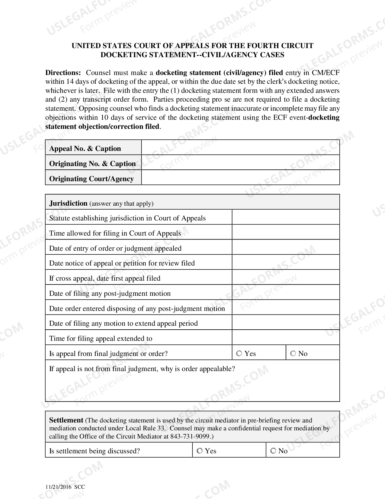 Docketing Statement (Civil/Agency Cases) | US Legal Forms