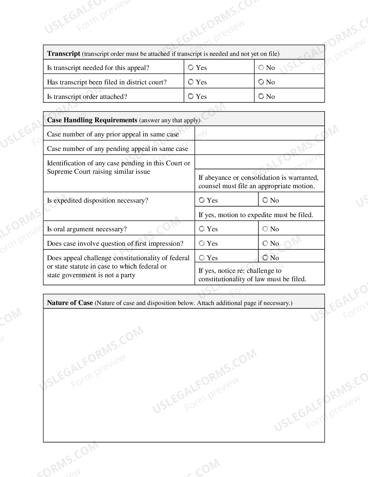 Docketing Statement (Civil/Agency Cases) | US Legal Forms