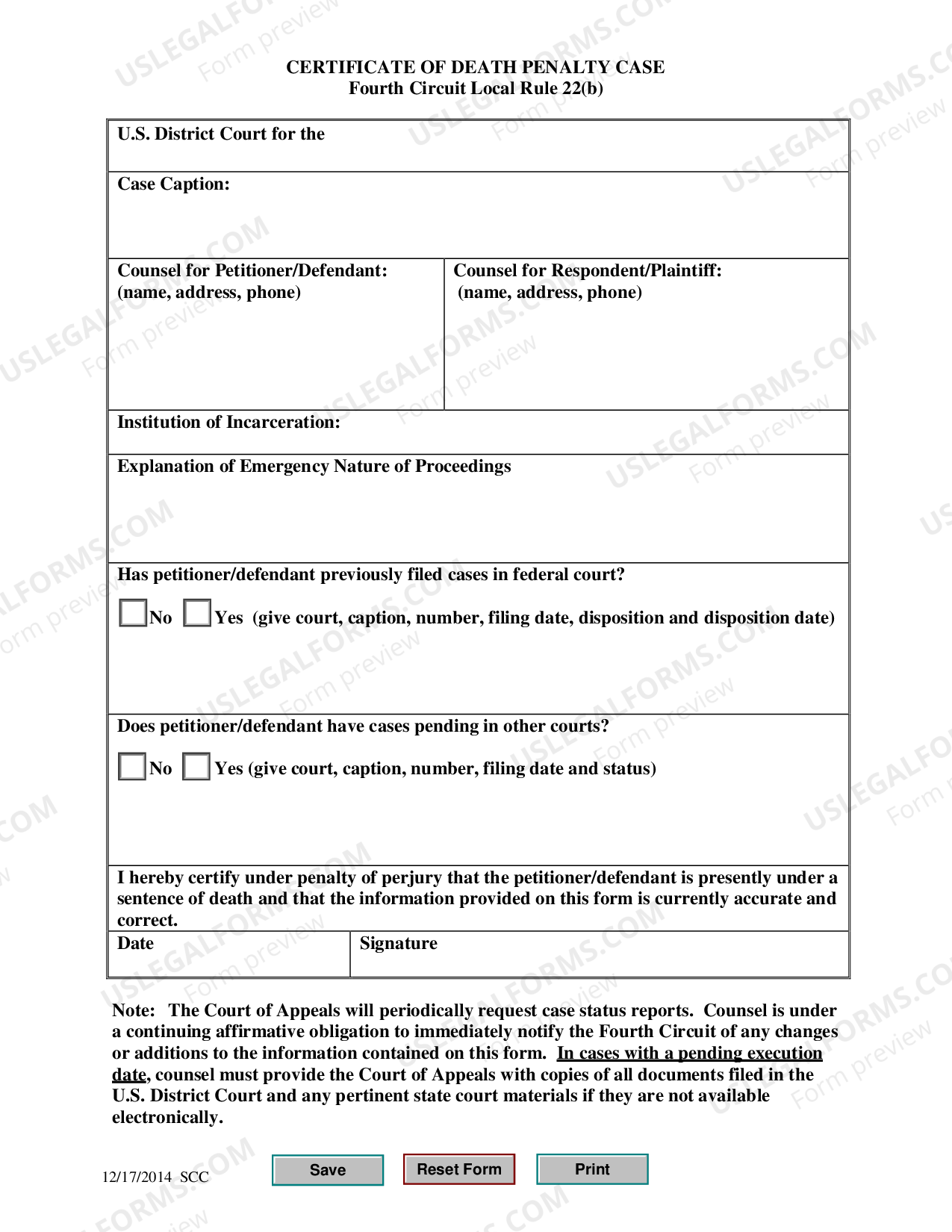 Certificate of Death Penalty Case | US Legal Forms