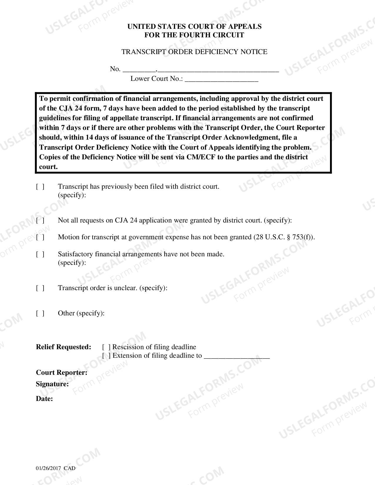 Transcript Order Deficiency Notice | US Legal Forms