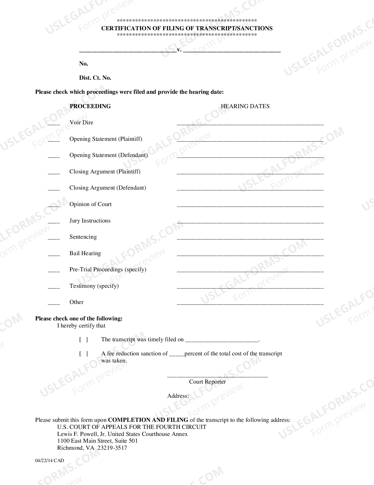 Transcript Certification of Filing/Sanction | US Legal Forms