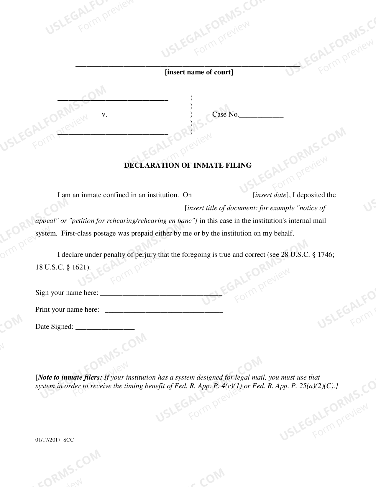 Declaration of Inmate Filing | US Legal Forms