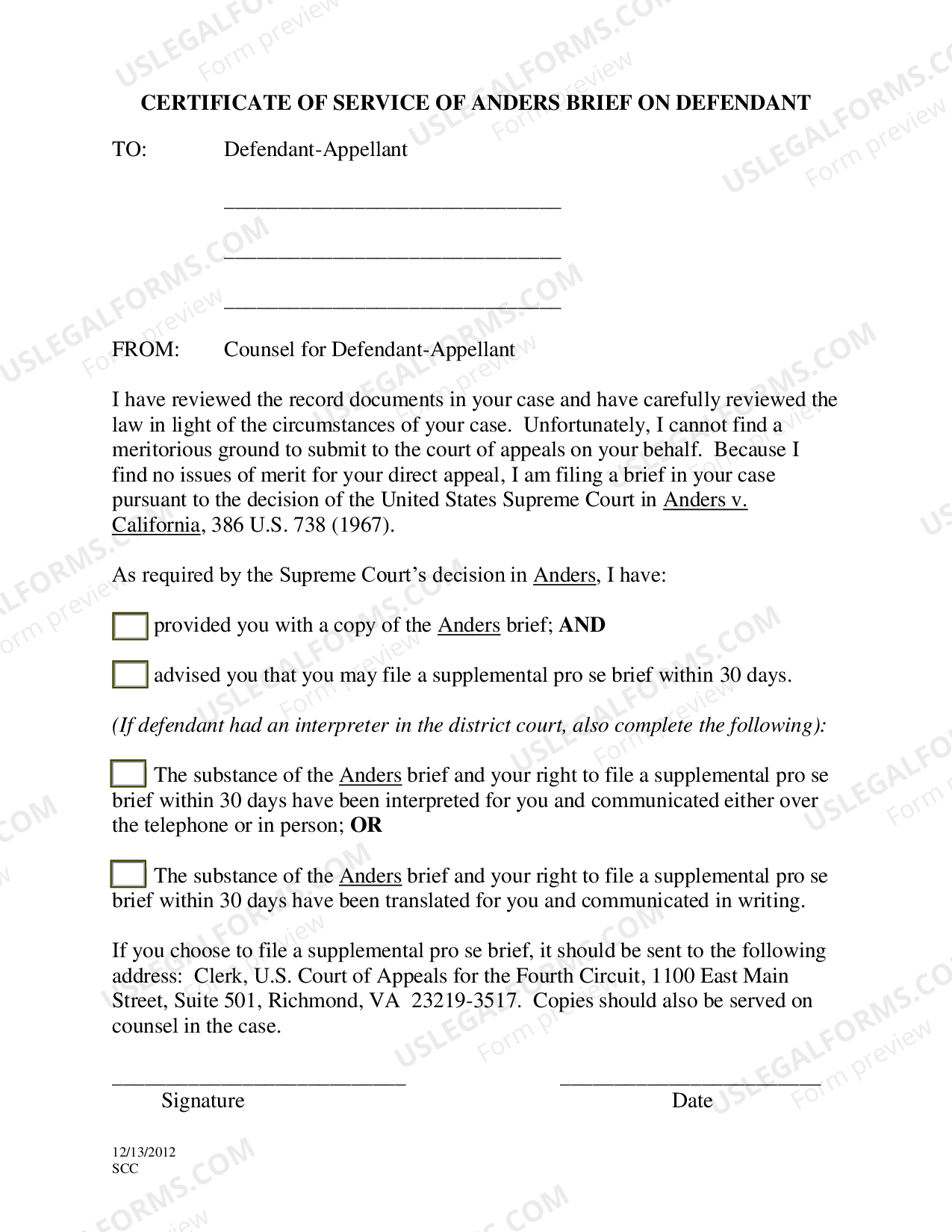 Certificate of Service of Anders Brief | US Legal Forms