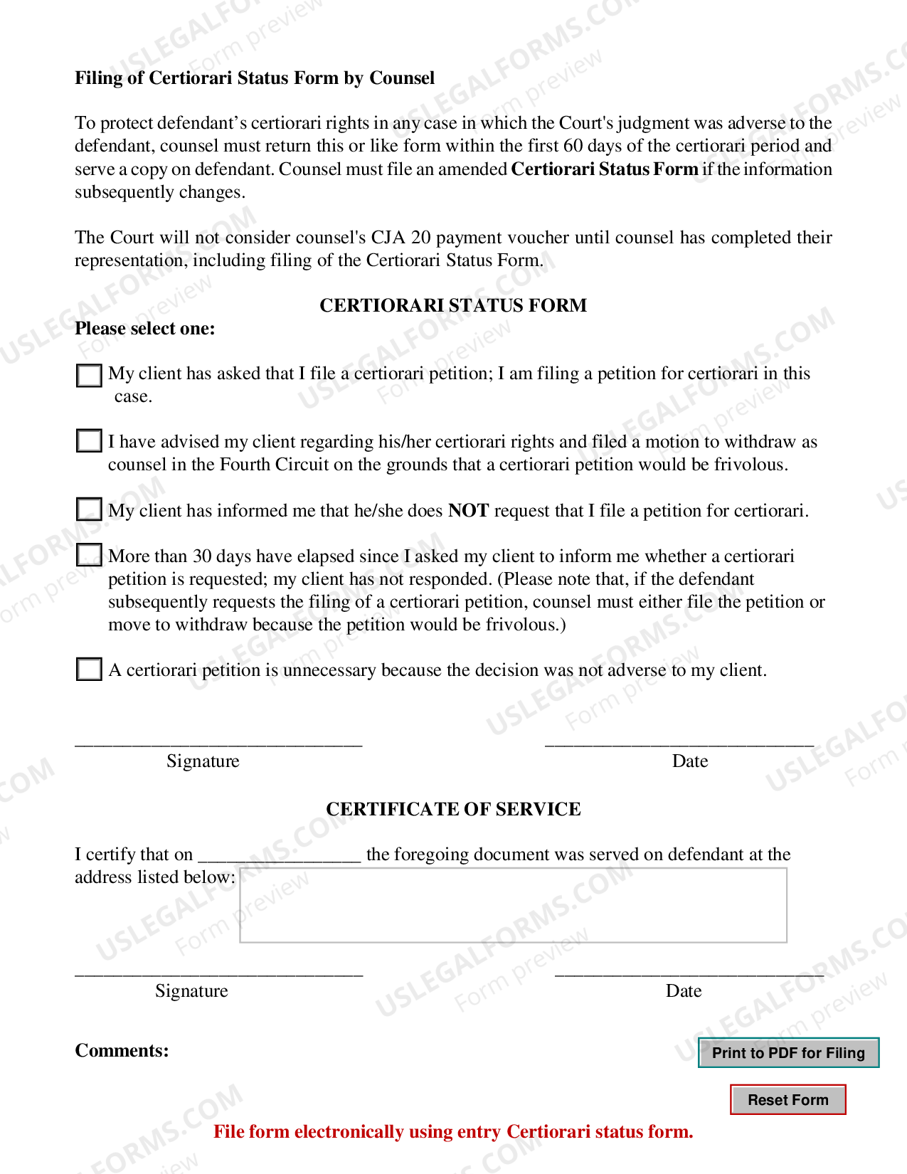 Certiorari Status Form | US Legal Forms