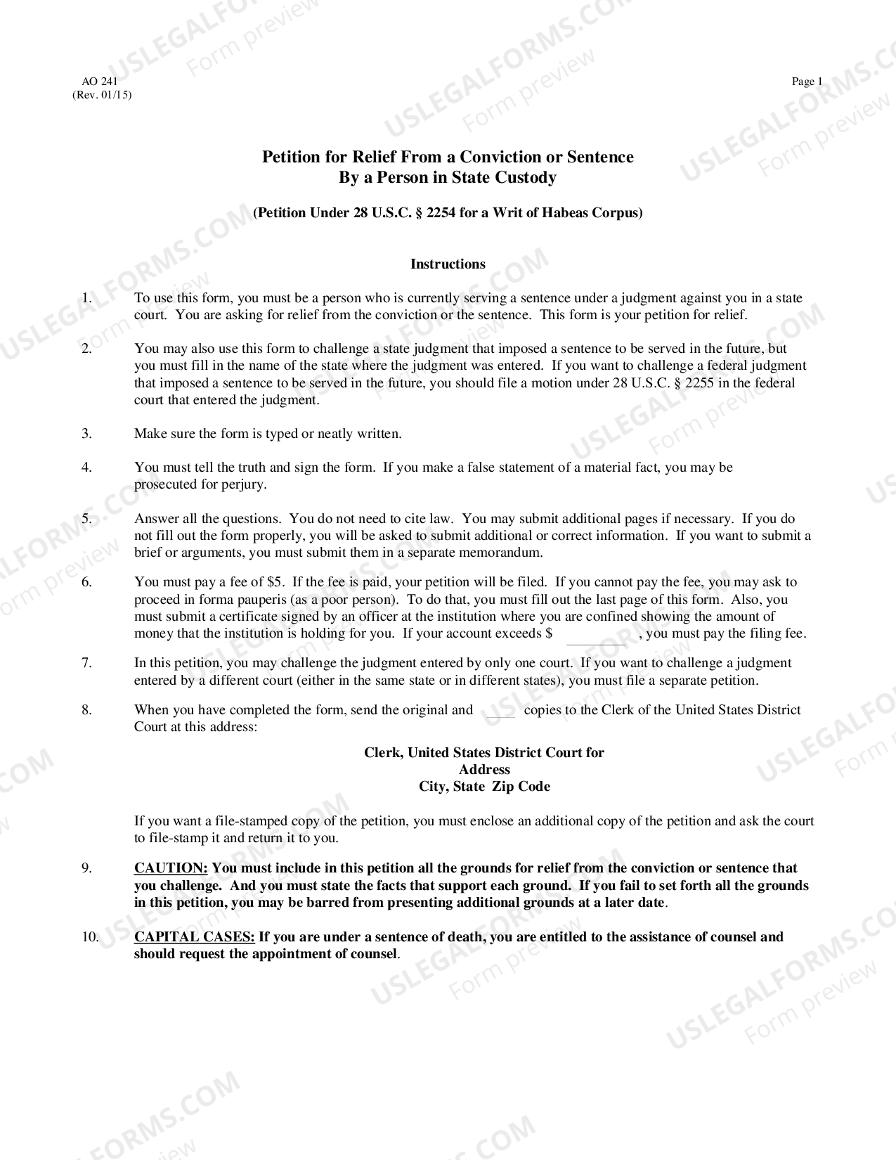 Petition for Writ of Habeas Corpus (Sec. 2254) | US Legal Forms