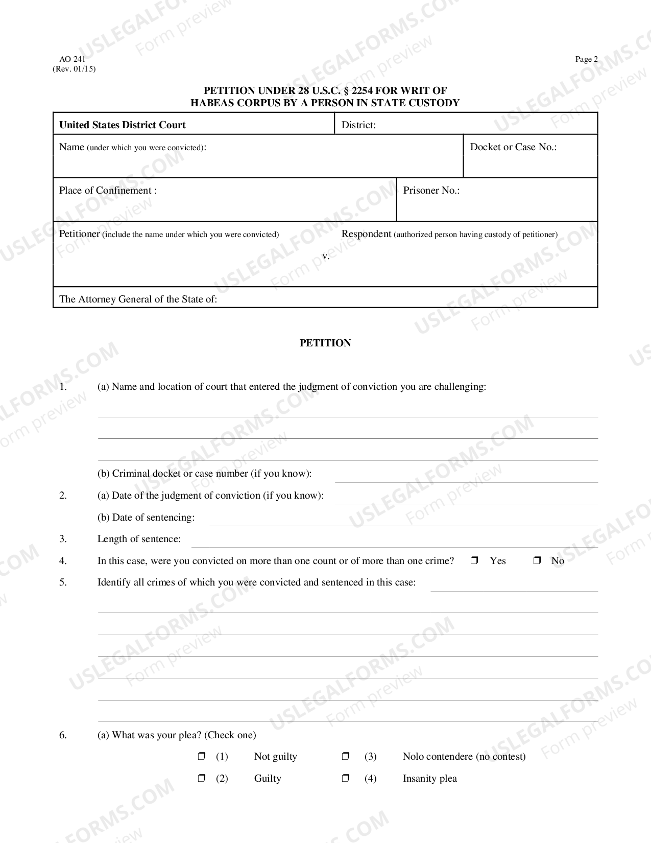 Petition for Writ of Habeas Corpus (Sec. 2254) | US Legal Forms