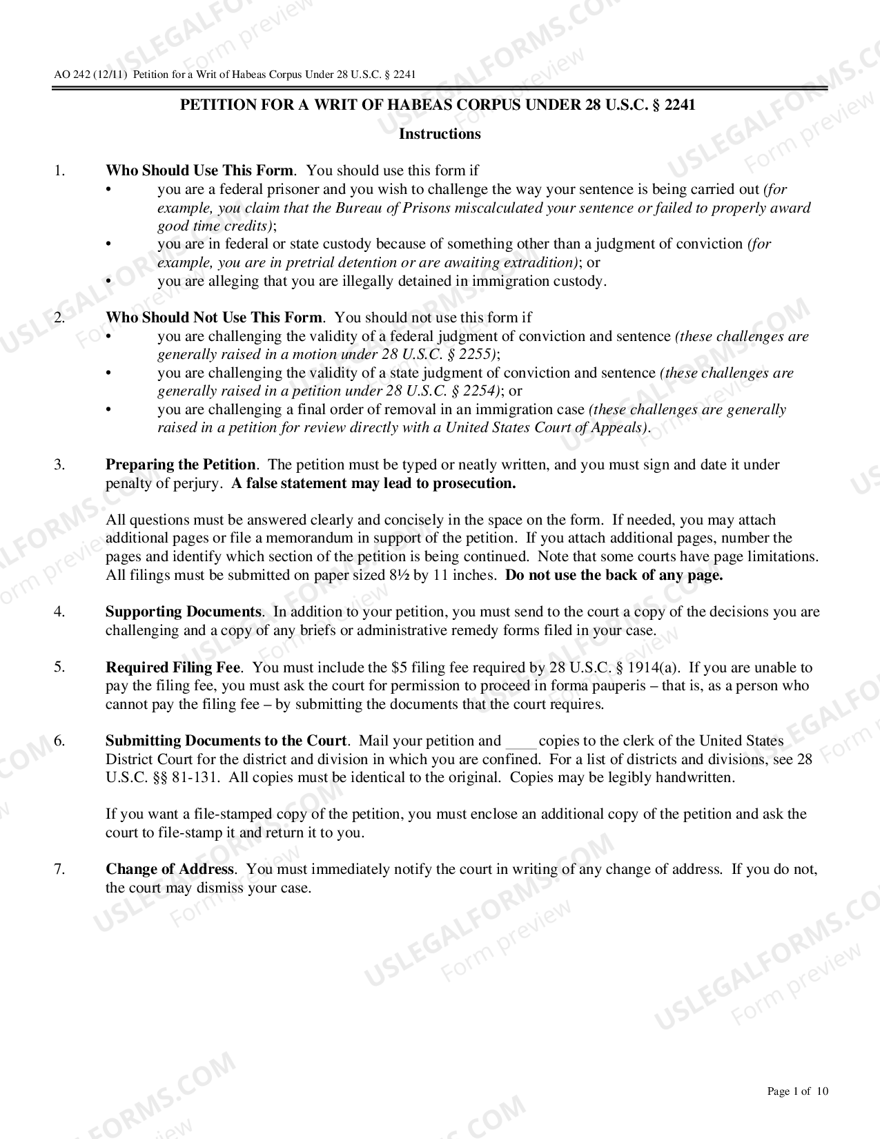 Petition for Writ of Habeas Corpus (Sec. 2241) | US Legal Forms