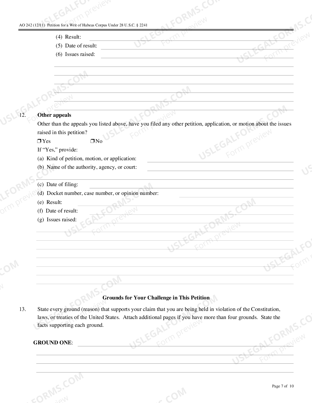 Petition for Writ of Habeas Corpus (Sec. 2241) | US Legal Forms