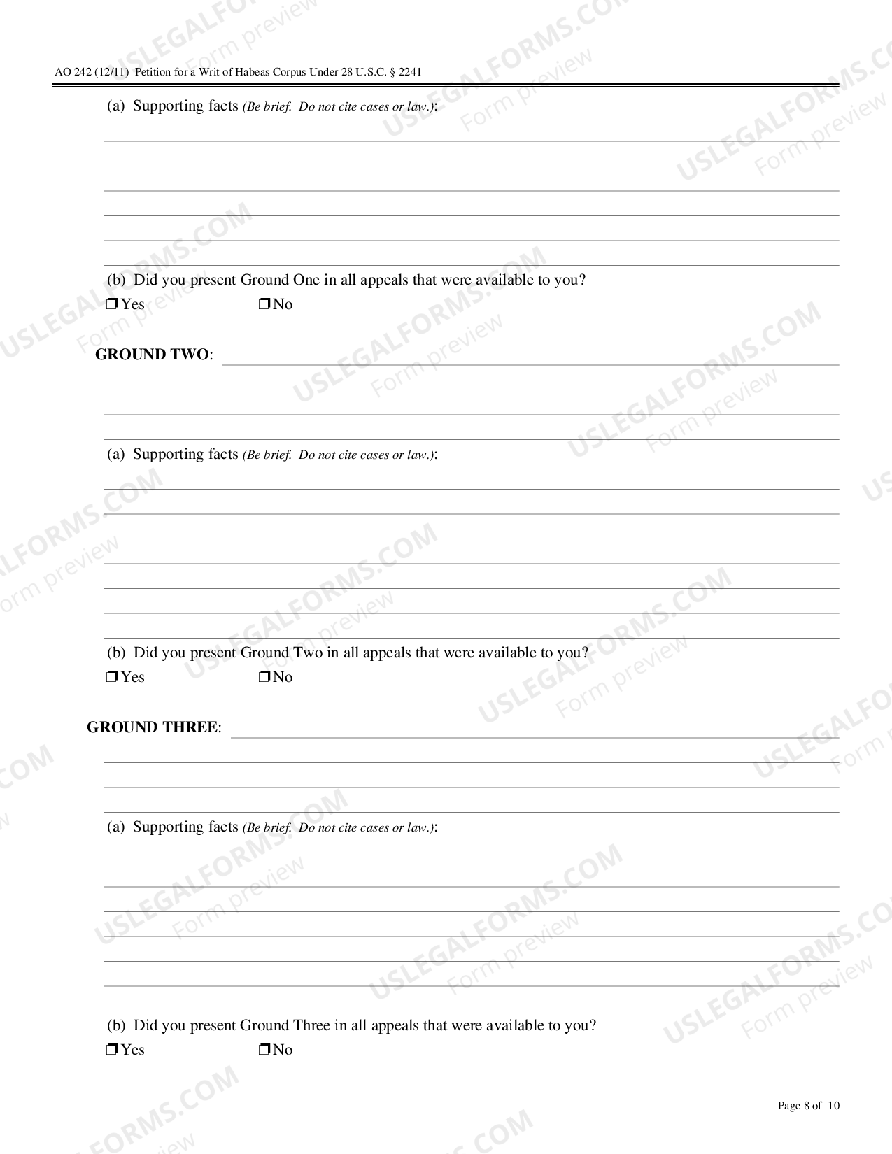 Petition for Writ of Habeas Corpus (Sec. 2241) | US Legal Forms