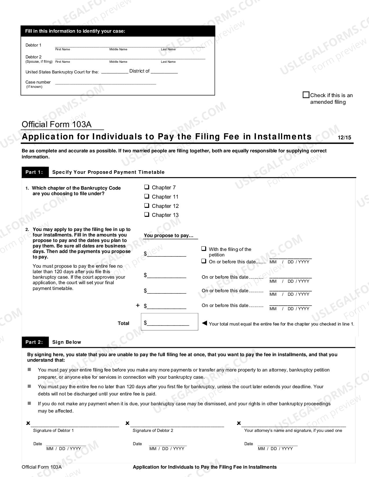 Application for Individuals to Pay the Filing Fee in Installments | US ...
