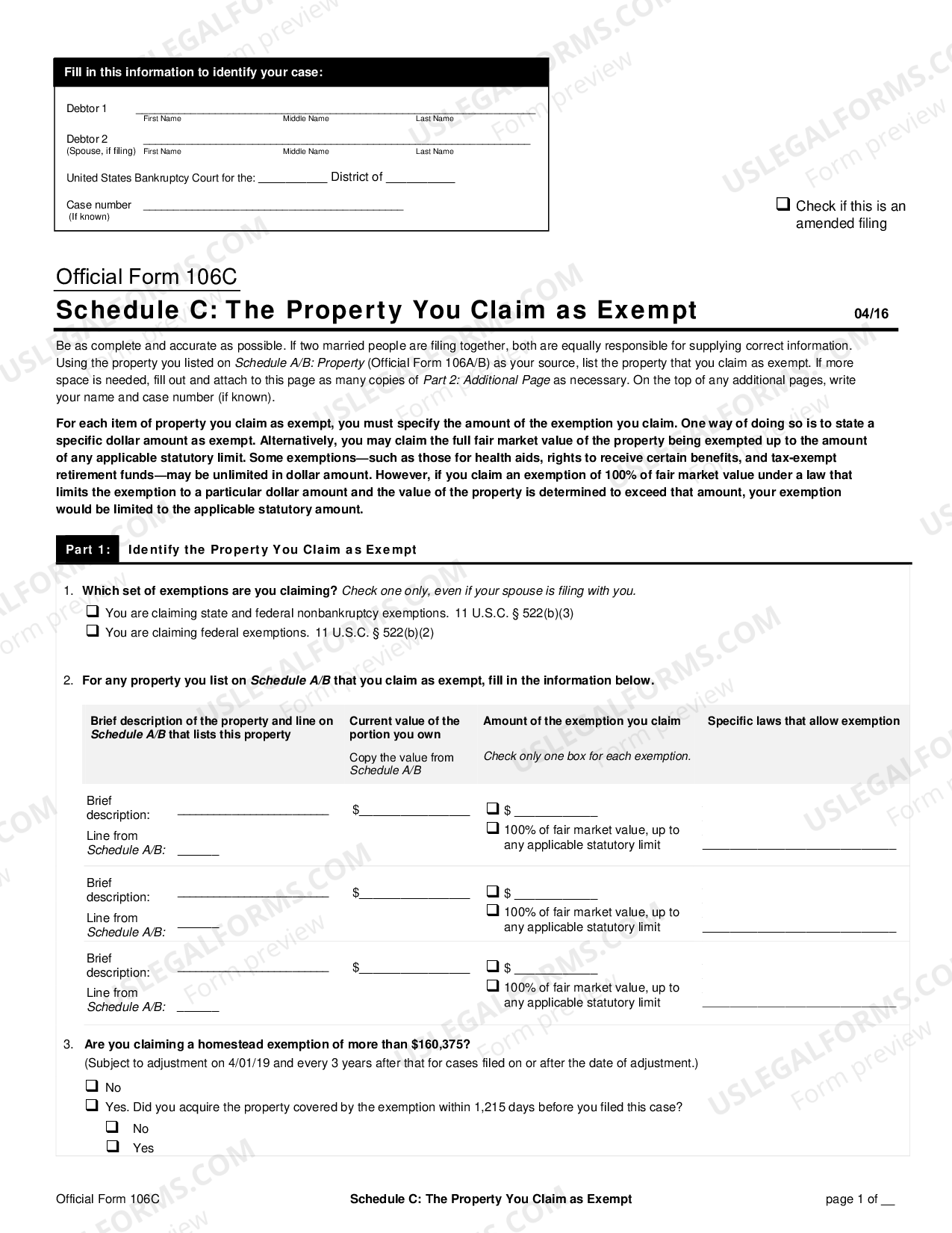 Schedule C: The Property You Claim as Exempt (individuals) | US Legal Forms