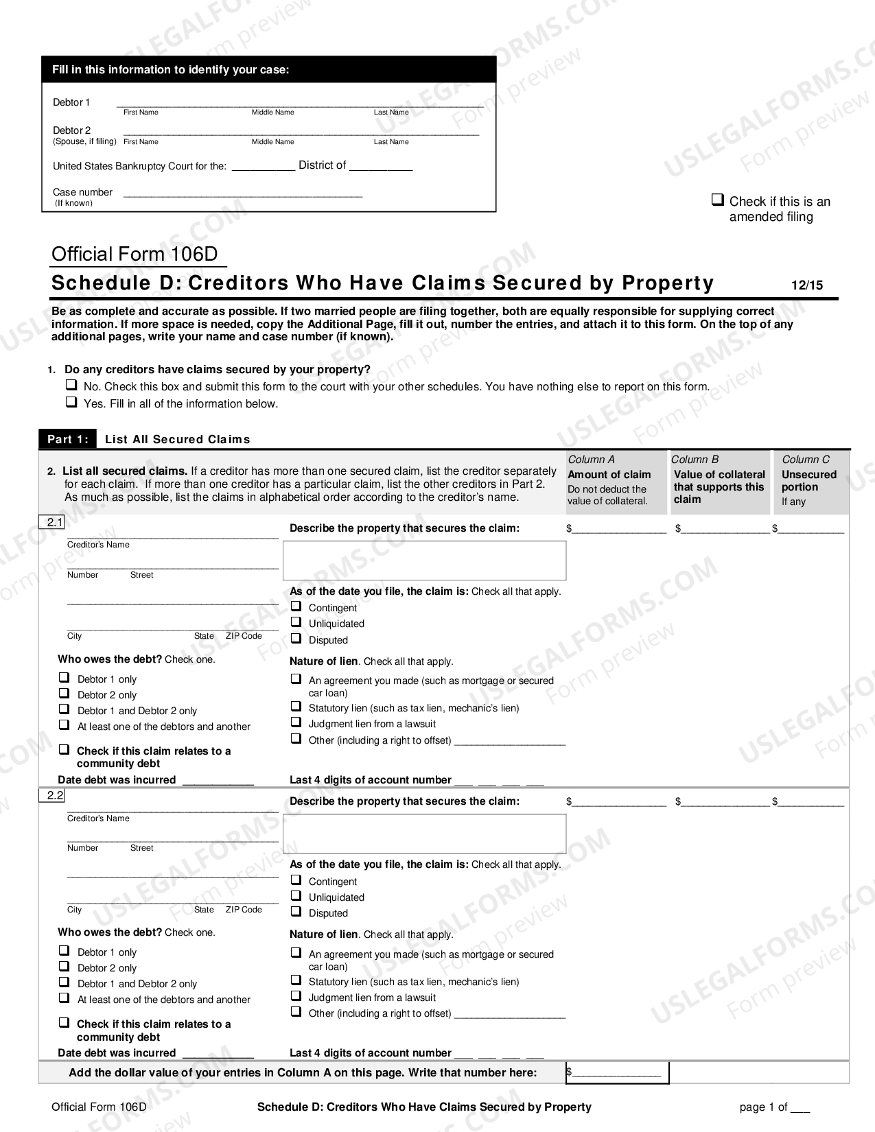 Schedule D: Creditors Who Hold Claims Secured by Property (individuals) | US Legal Forms