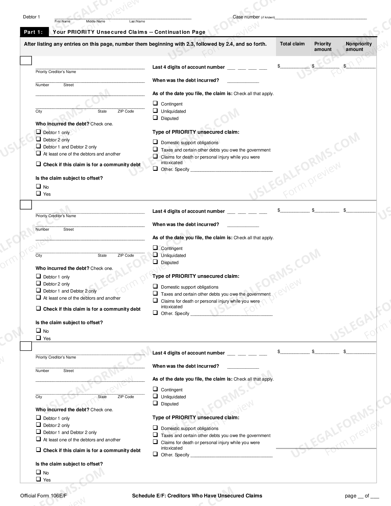 Schedule E/F: Creditors Who Have Unsecured Claims (individuals) | US Legal Forms