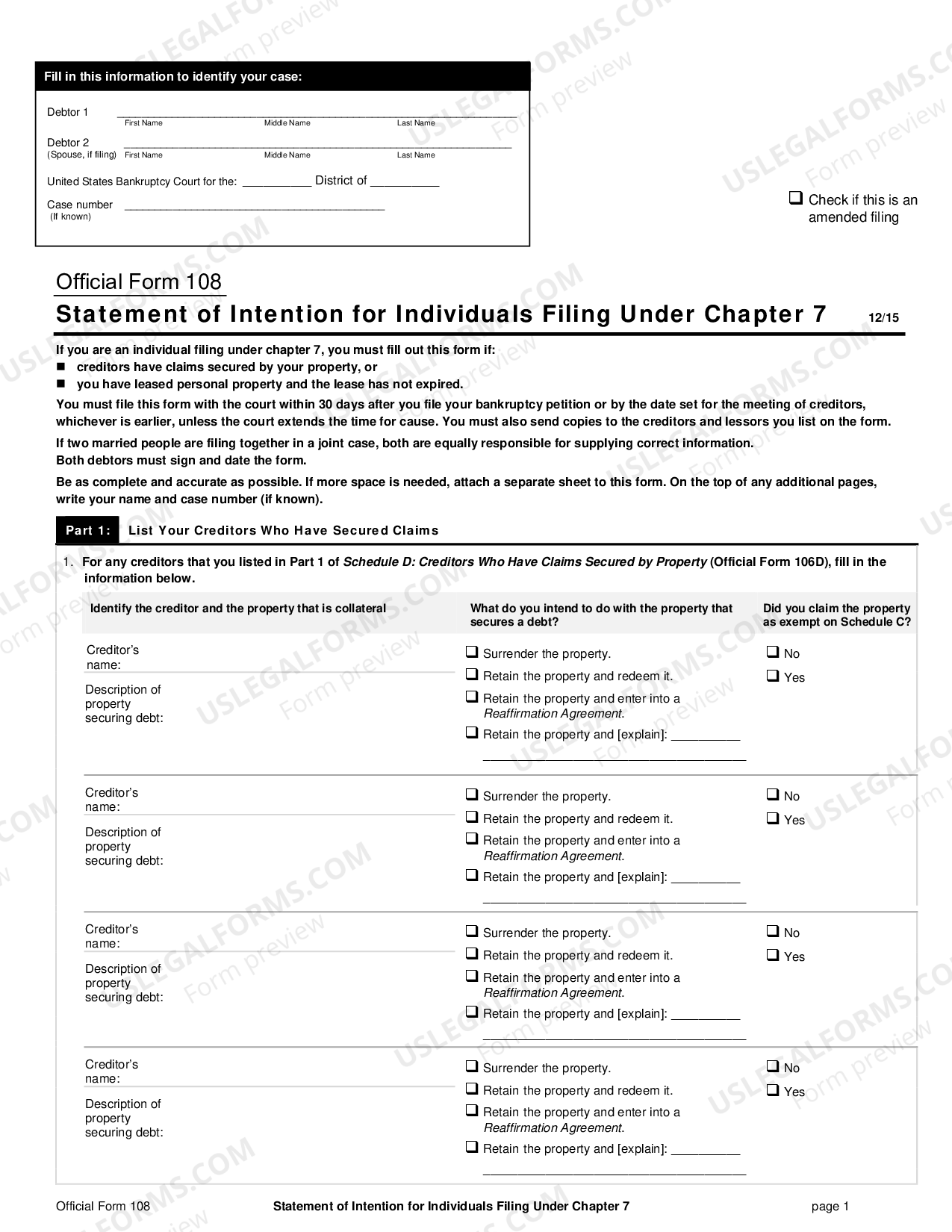 Statement of Intention for Individuals Filing Under Chapter 7 | US ...