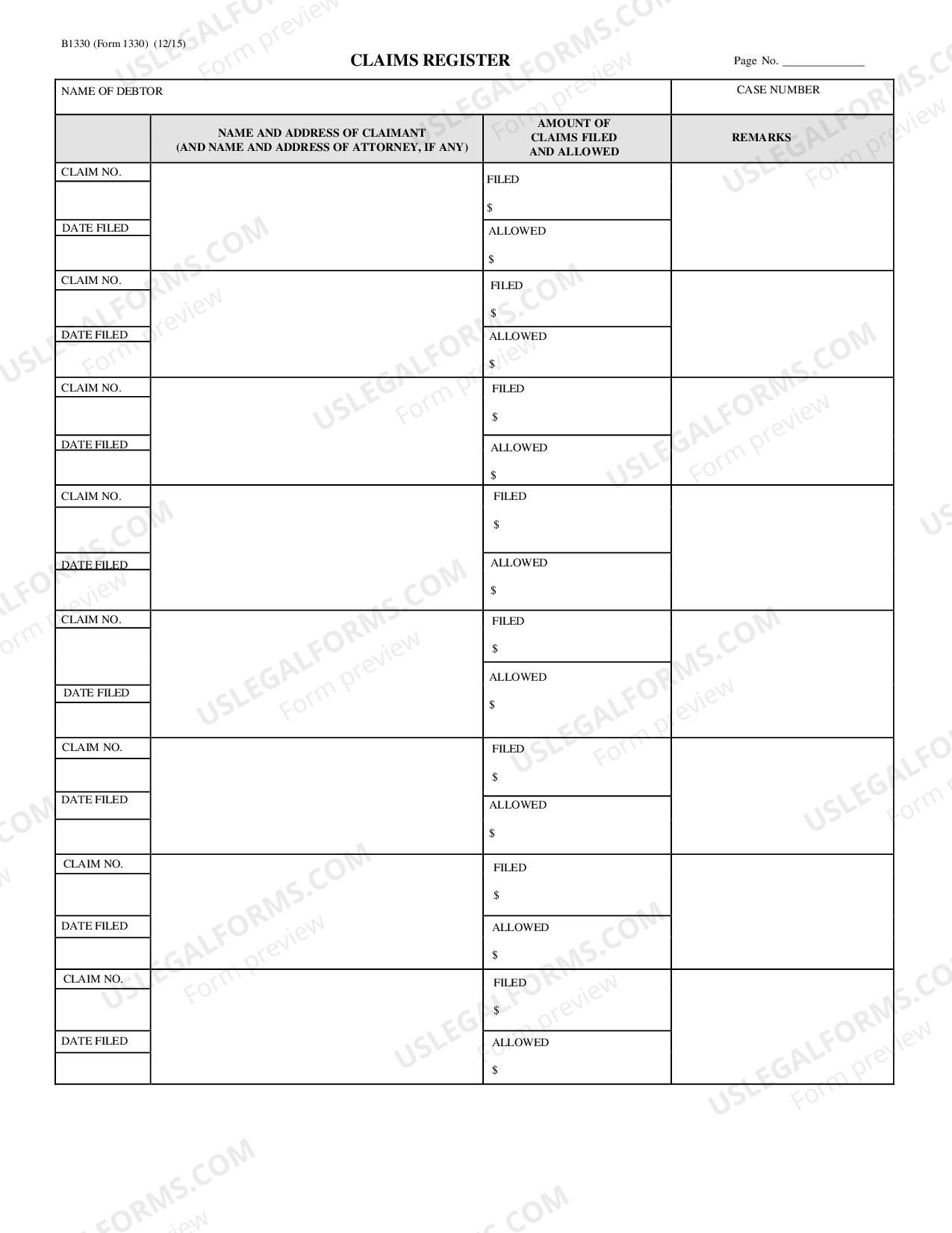 Claims Register | US Legal Forms