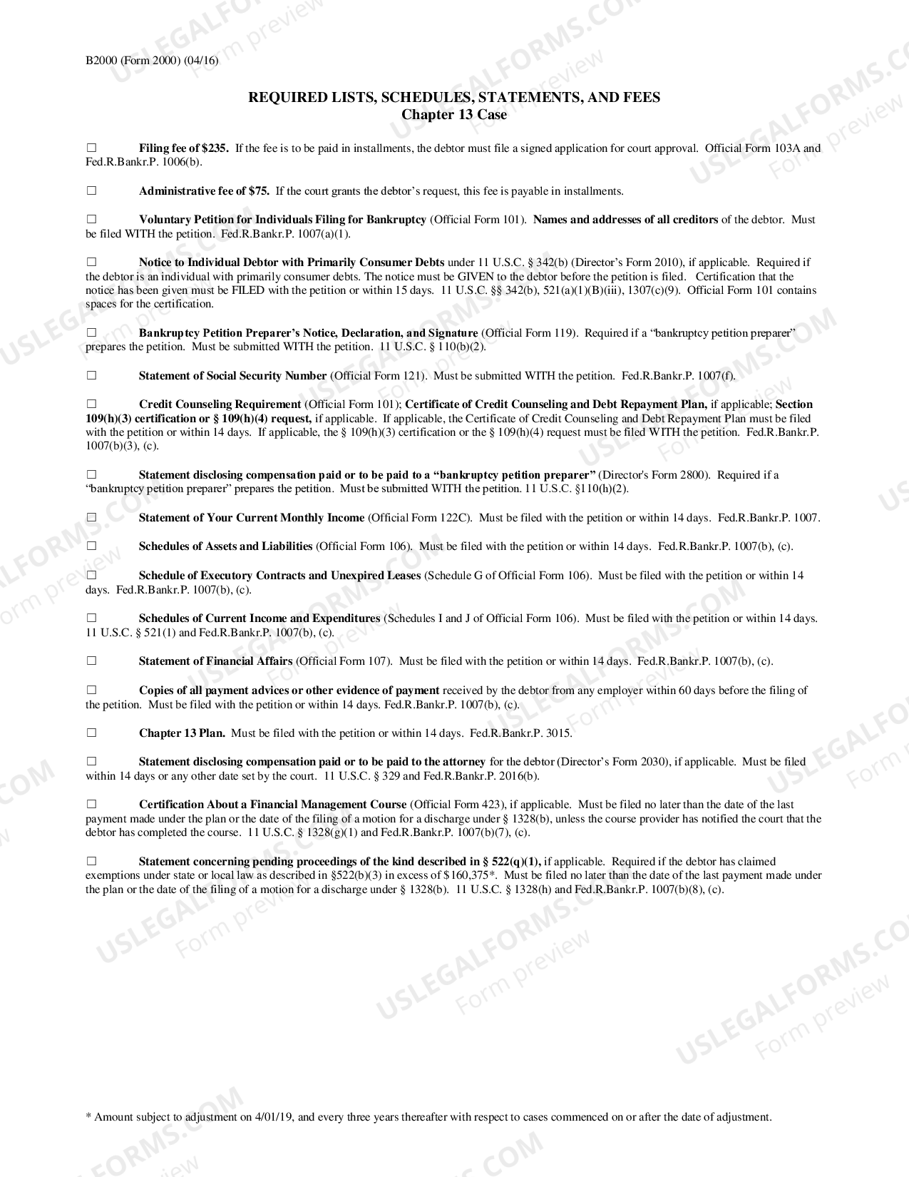Required Lists, Schedules, Statements, and Fees | US Legal Forms