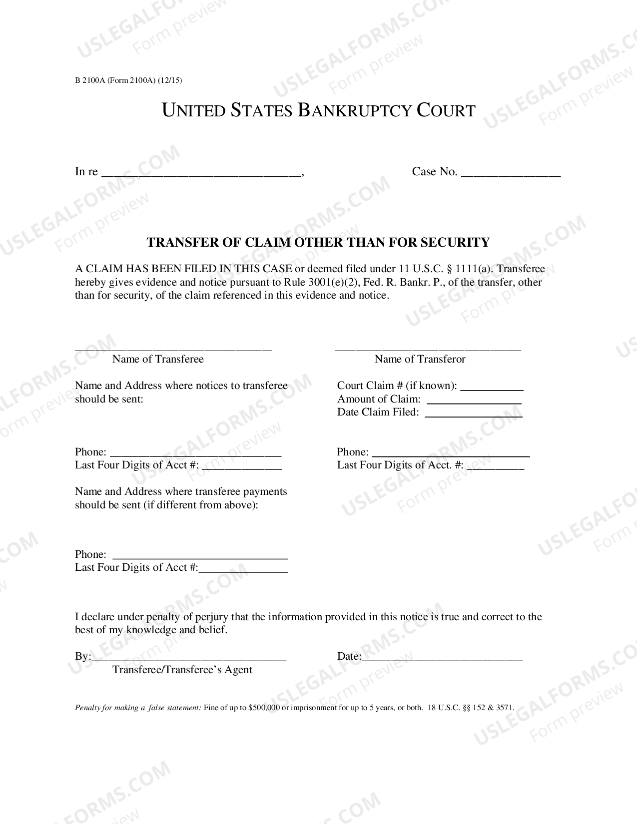 Transfer of Claim Other Than For Security | US Legal Forms