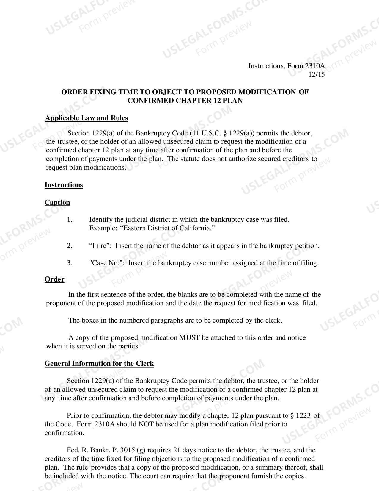 Instructions for Order Fixing Time to Object to Proposed Modfication of ...