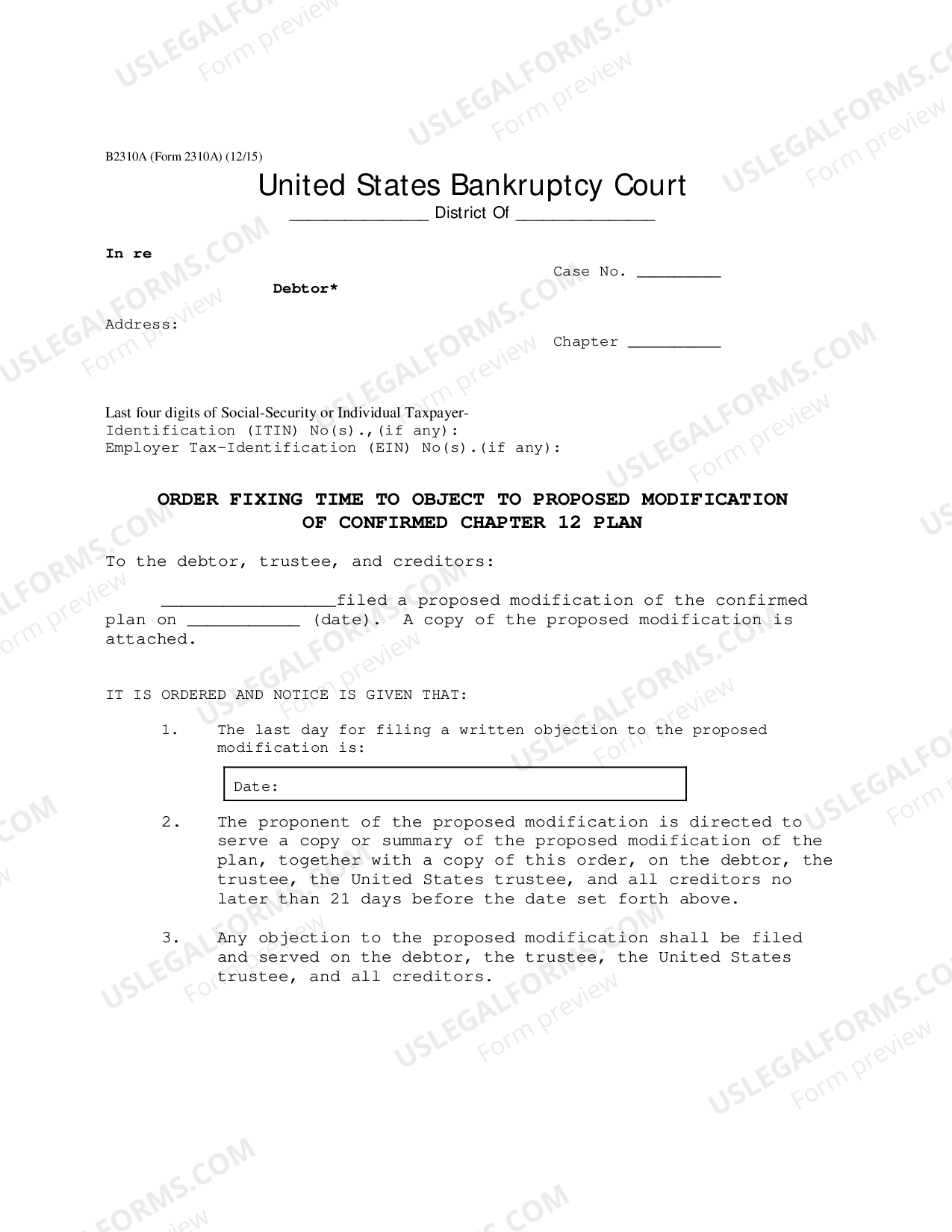 Order Fixing Time to Object to Proposed Modfication of Confirmed ...