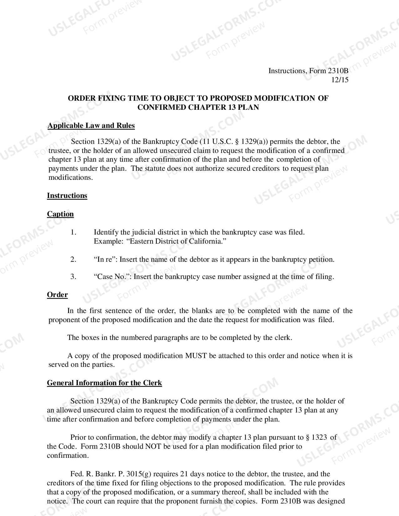 Instructions for Order Fixing Time to Object to Proposed Modification ...