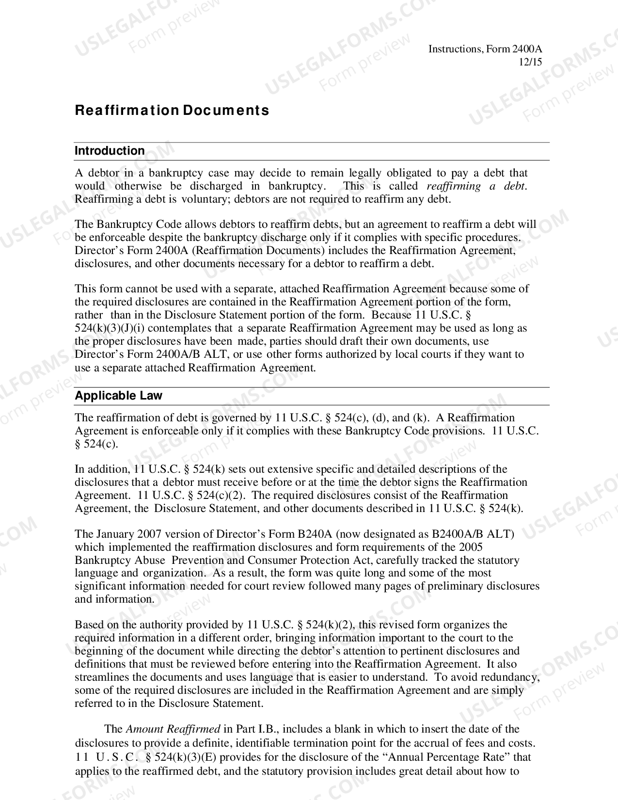 Instructions for Reaffirmation Documents | US Legal Forms
