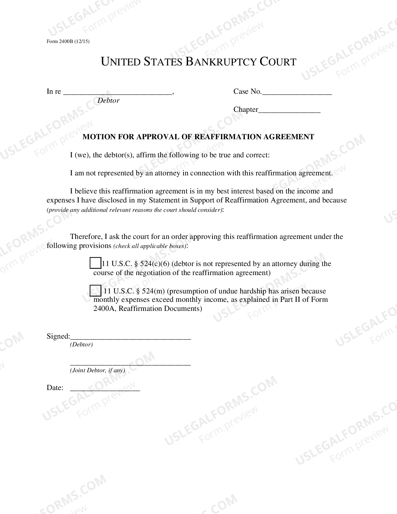Motion For Approval of Reaffirmation Agreement | US Legal Forms