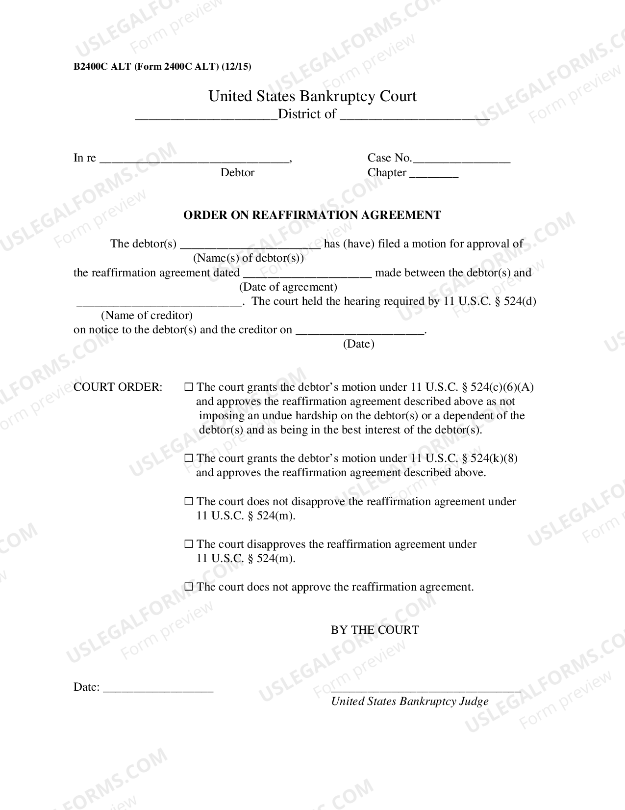 Order on Reaffirmation Agreement (Alt.) | US Legal Forms