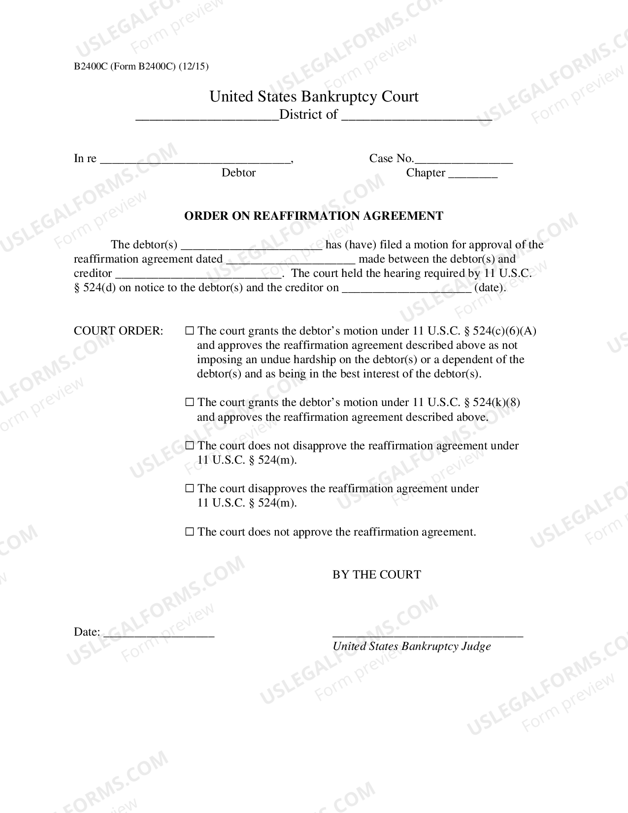 Order on Reaffirmation Agreement | US Legal Forms