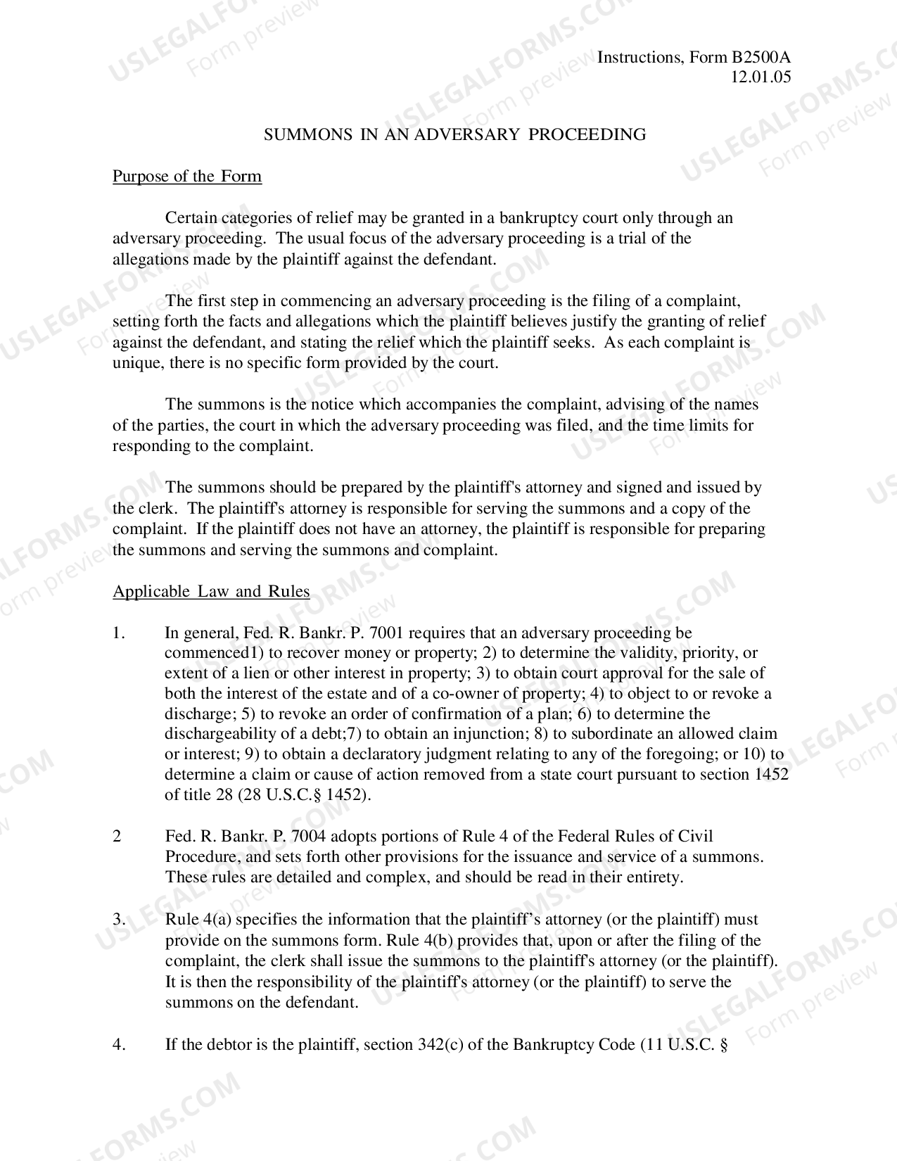 Instructions for Summons in an Adversary Proceeding | US Legal Forms