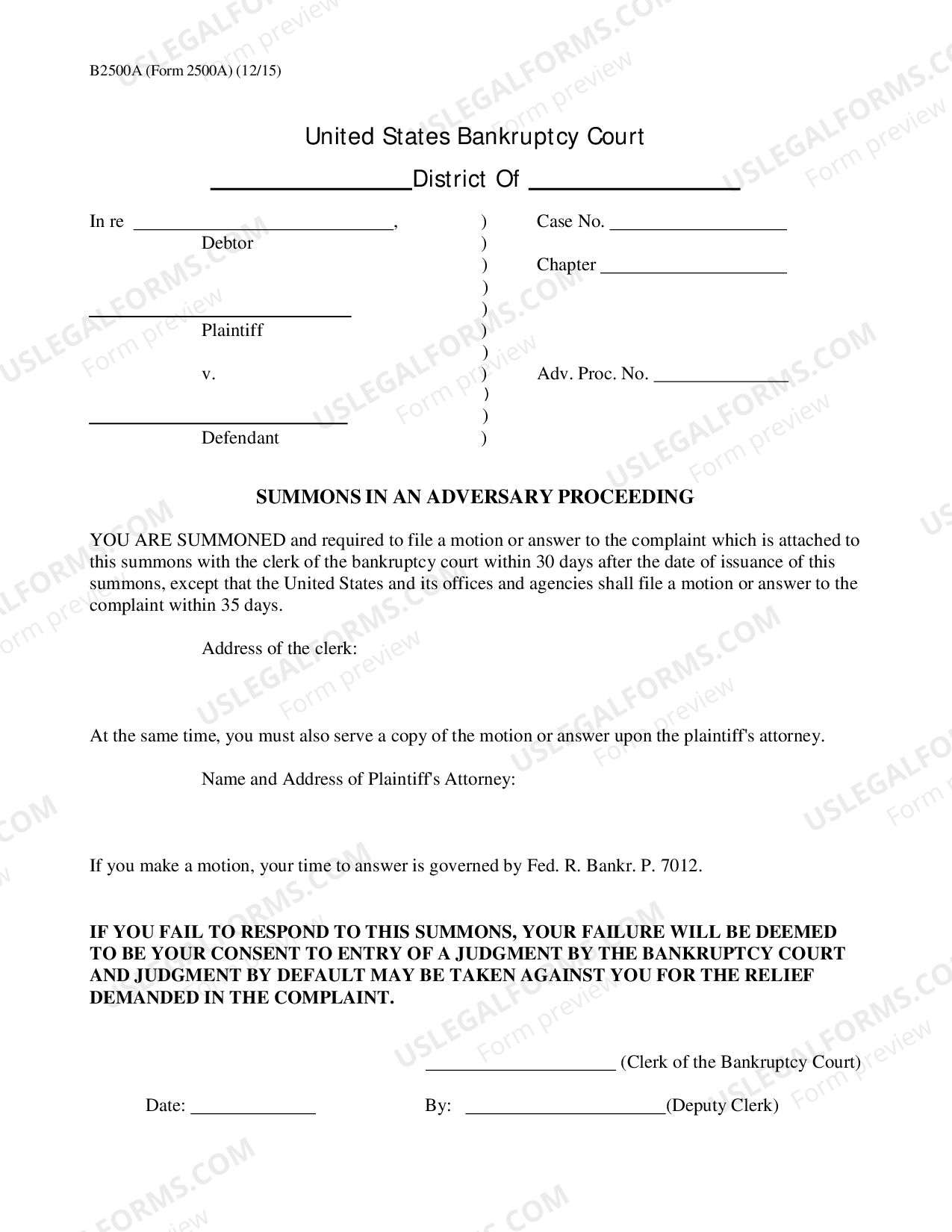 Summons in an Adversary Proceeding | US Legal Forms
