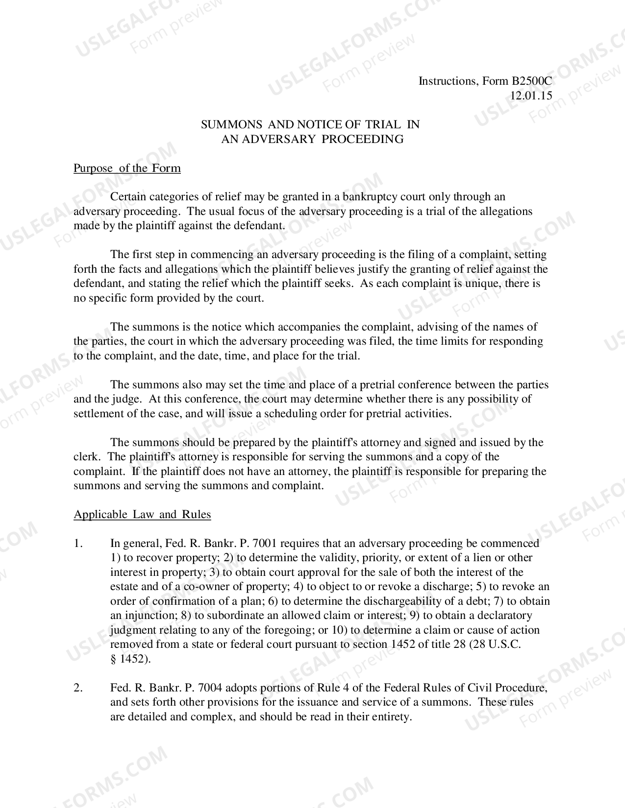 Instructions for Summons and Notice of Trial in an Adversary Proceeding ...