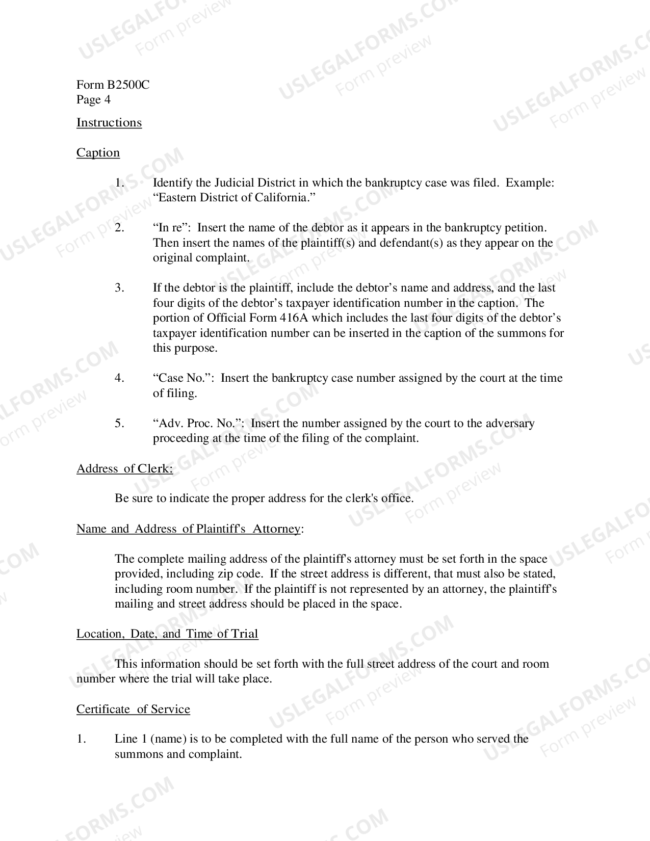 Instructions for Summons and Notice of Trial in an Adversary Proceeding ...