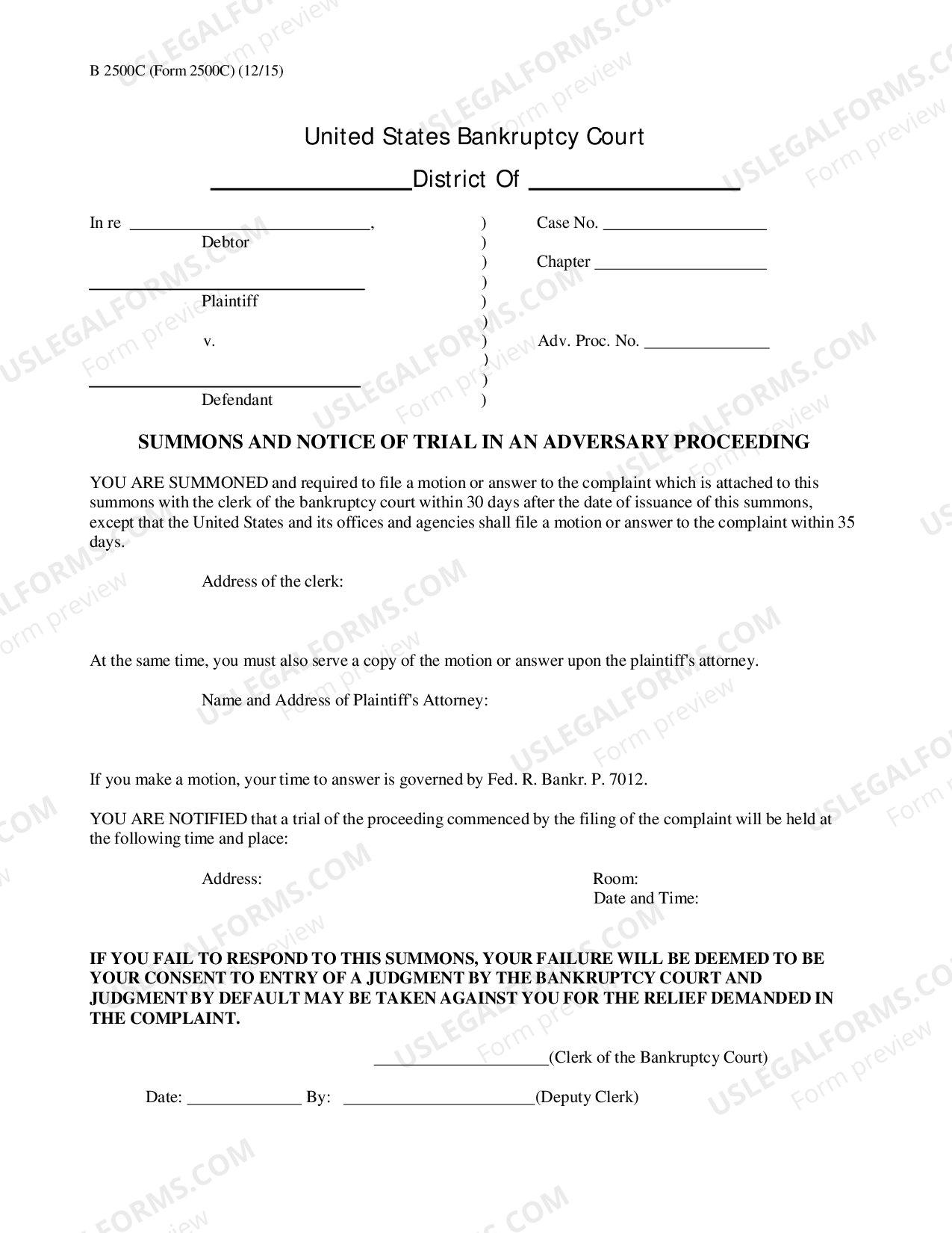 Summons and Notice of Trial in an Adversary Proceeding | US Legal Forms