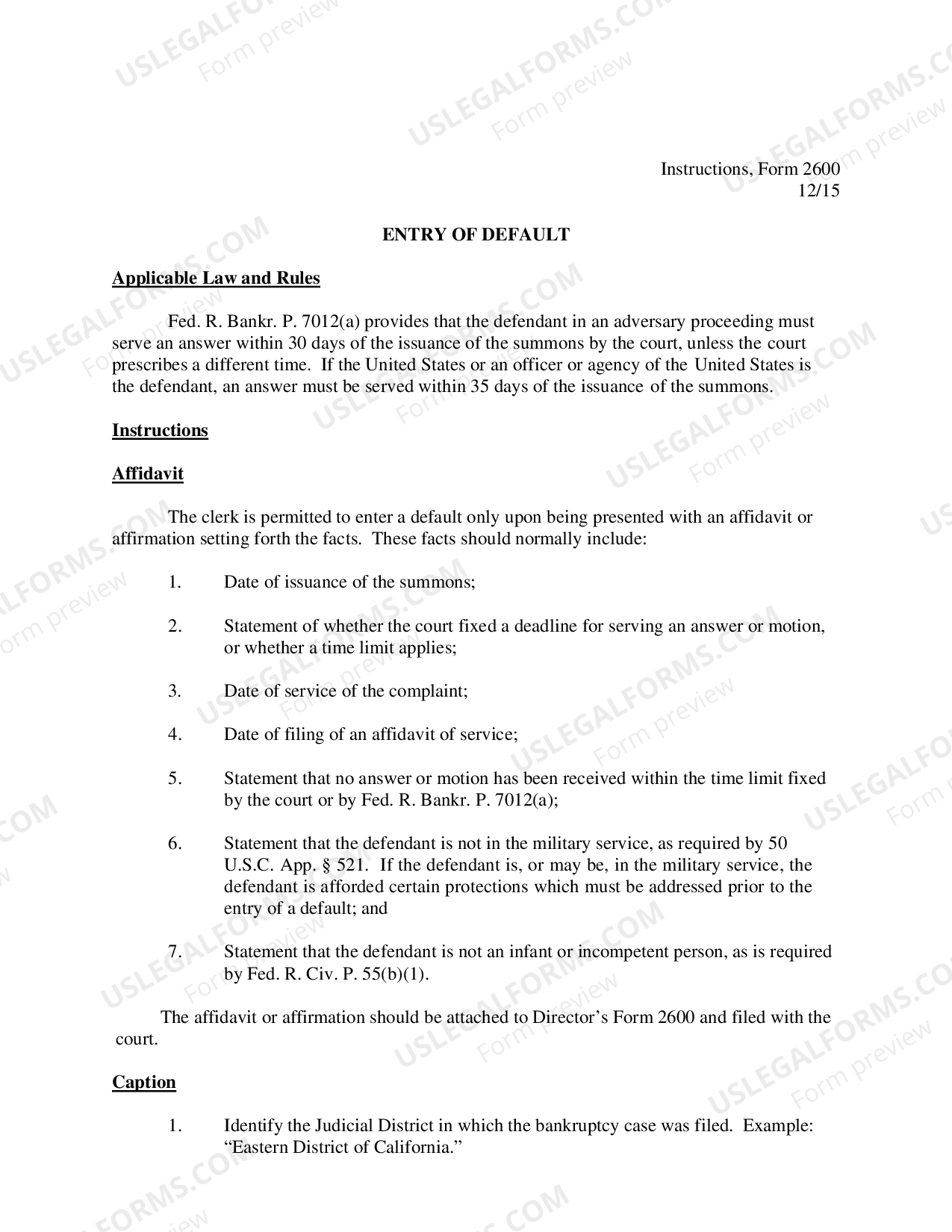 Instructions for Entry of Default | US Legal Forms