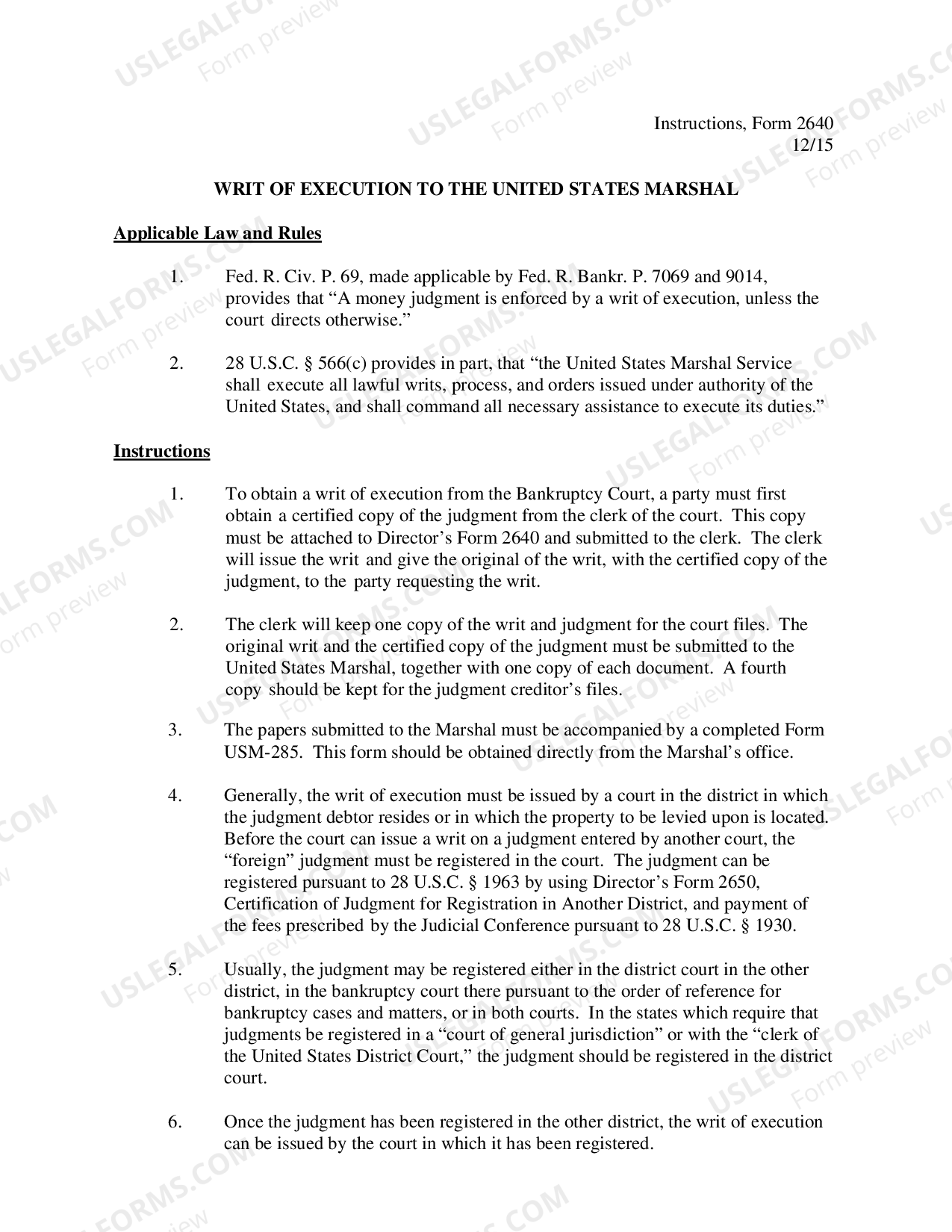 Instructions for Writ of Execution to the United State Marshal | US ...