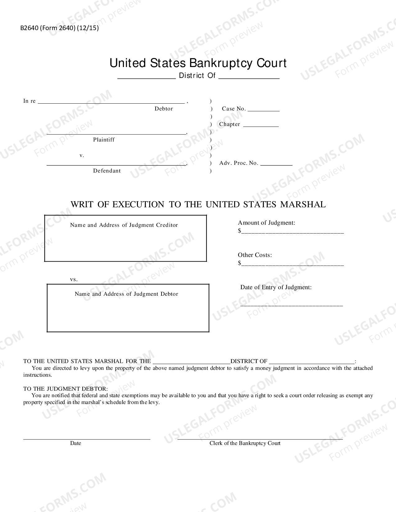 Writ of Execution to the United State Marshal | US Legal Forms