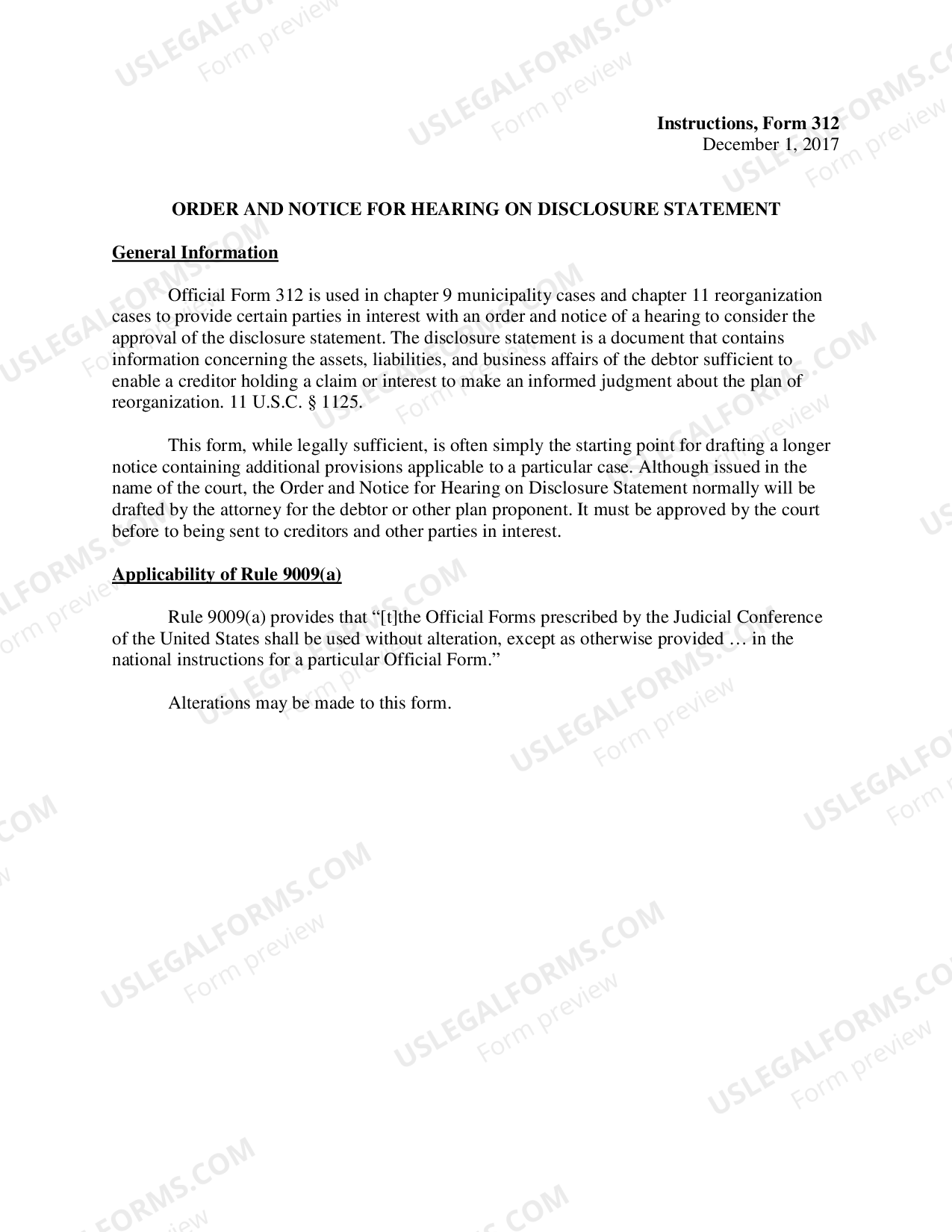 Instructions for Order and Notice for Hearing on Disclosure Statement ...