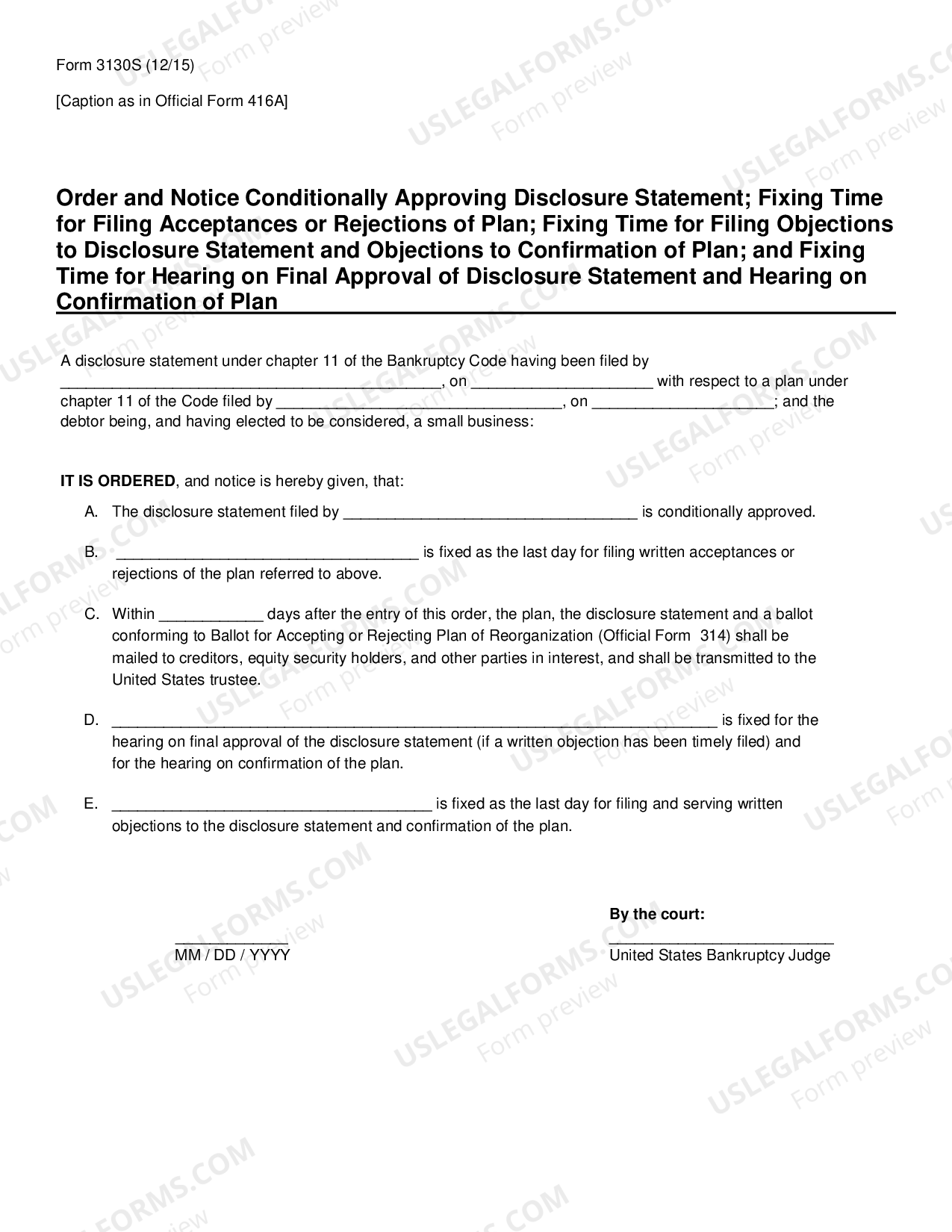 Order Conditionally Approving Disclosure Statement | US Legal Forms