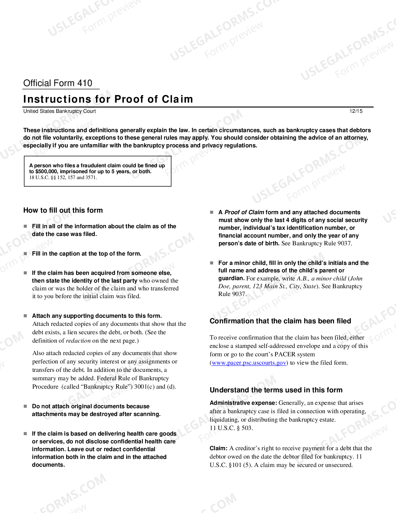 Instructions for Proof of Claim | US Legal Forms