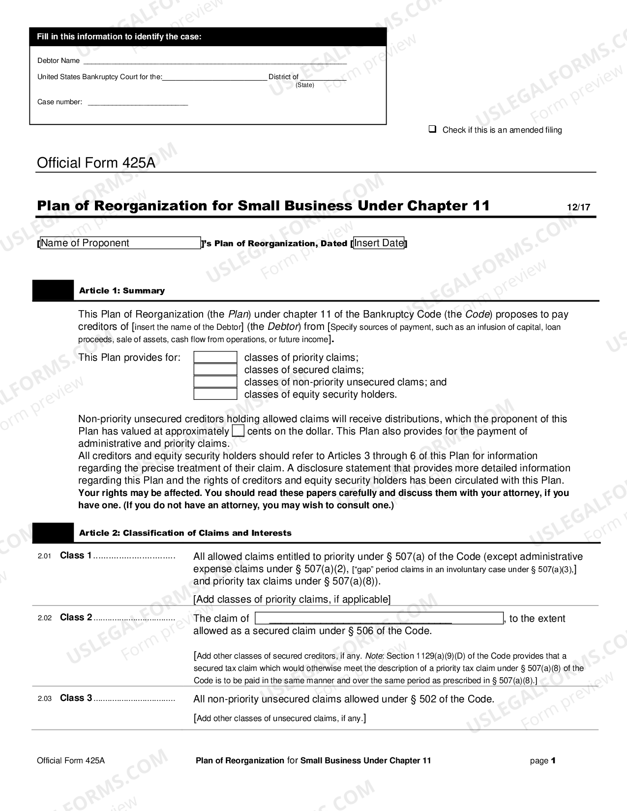 Plan of Reorganization for Small Business Under Chapter 11 | US Legal Forms