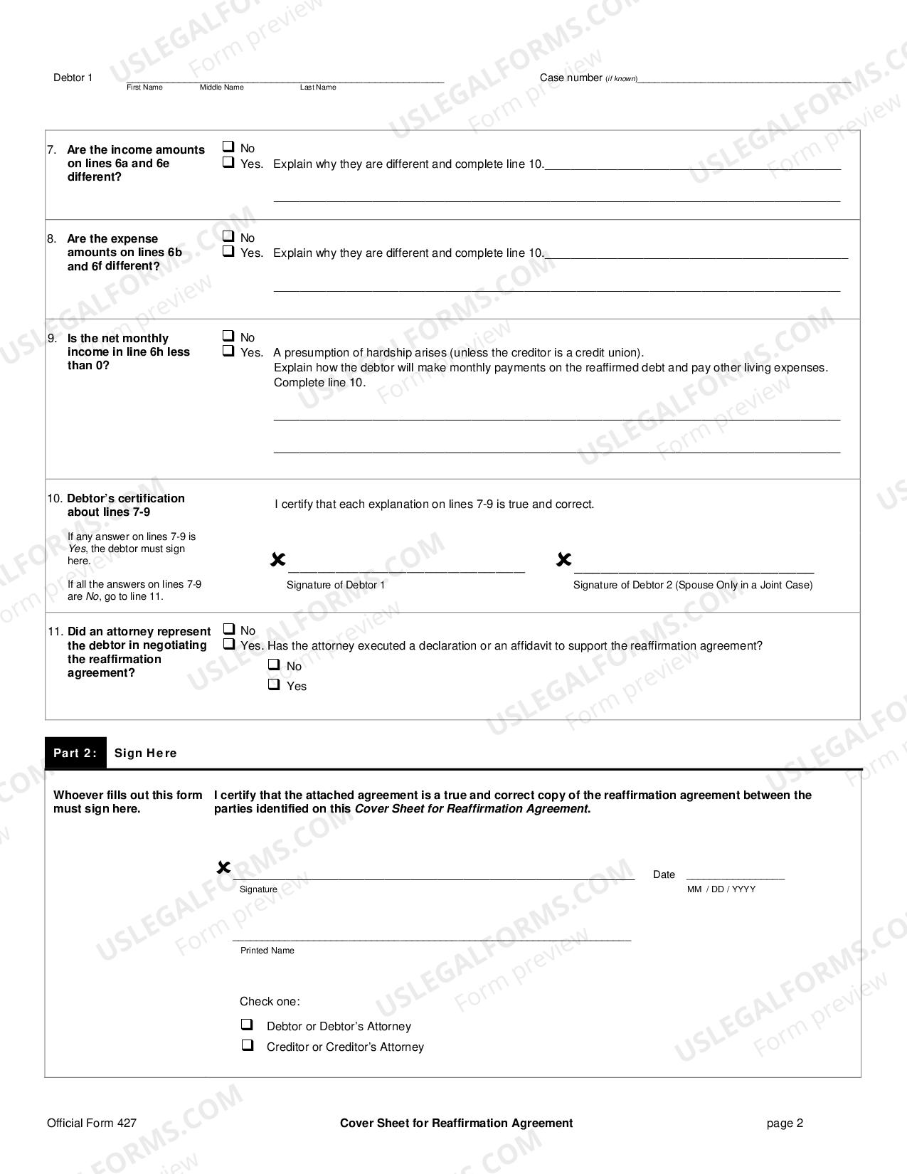 Cover Sheet for Reaffirmation Agreement | US Legal Forms