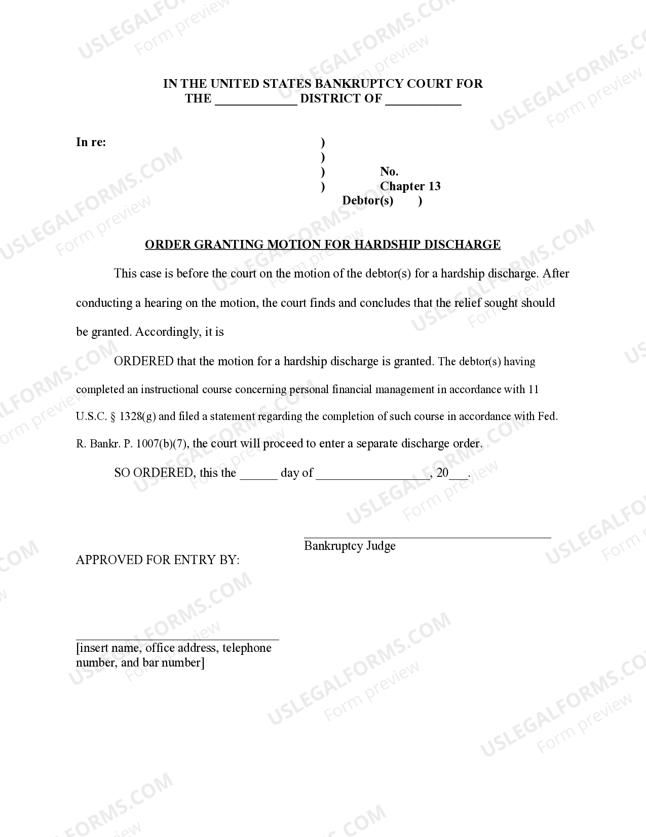 Order granting motion for hardship discharge - Discharge Form | US ...